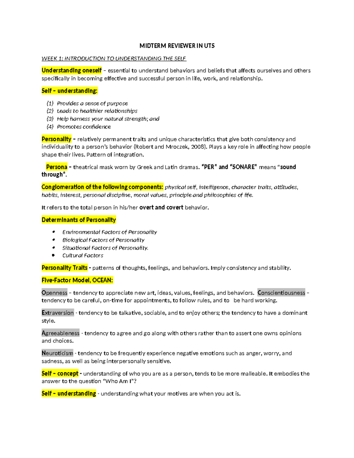 Midterm Reviewer for UTS: Understanding the Self Across Disciplines ...