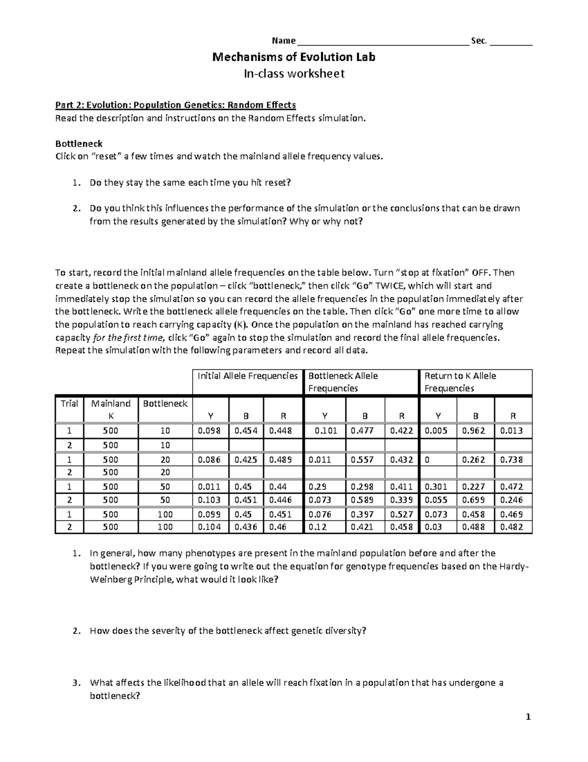 Mechanisms of Evolution Lab Worksheet - Mechanisms of Evolution Lab In ...