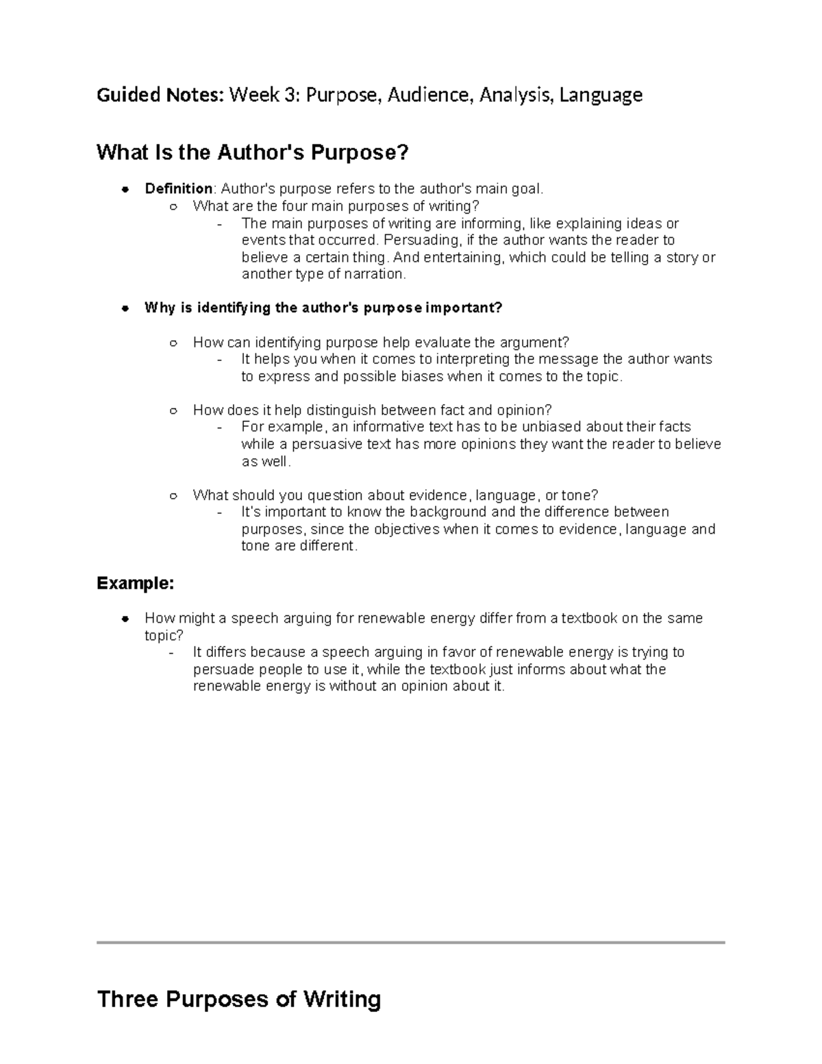 Week 3 Guided Notes: Purpose, Audience, Analysis, Language - Studocu