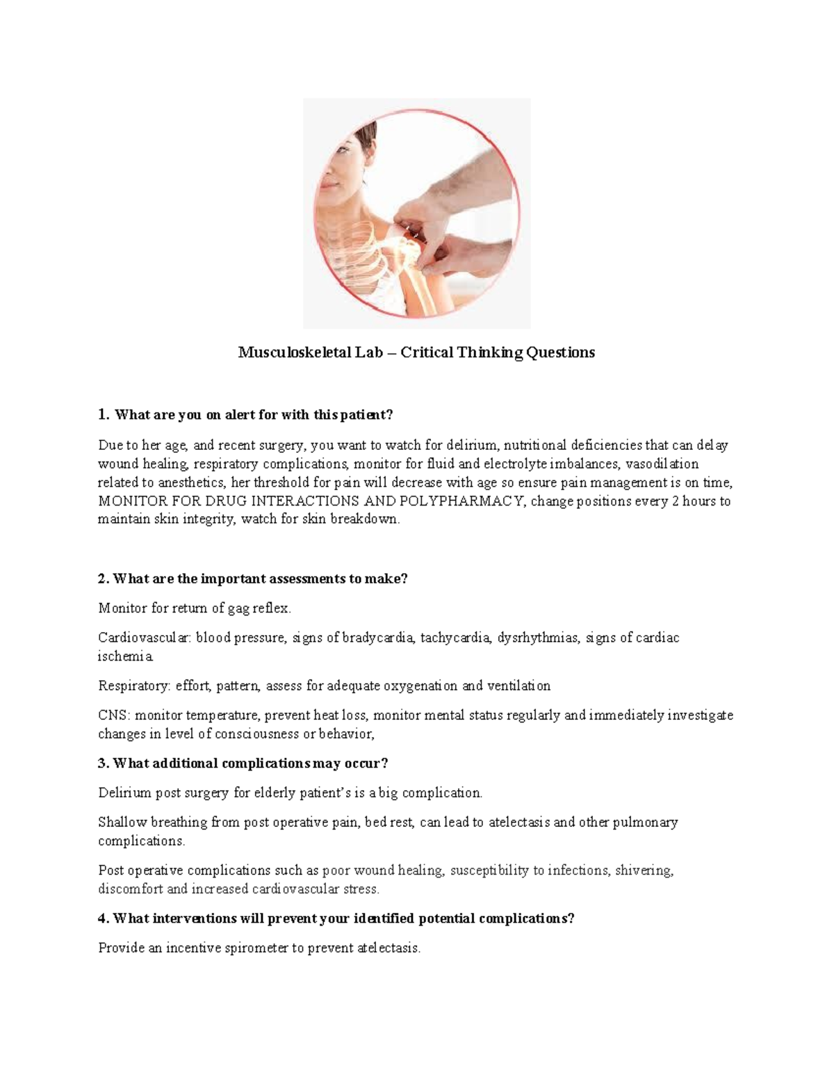 Musculoskeletal Lab - Critical Thinking Qs & Complications Management ...