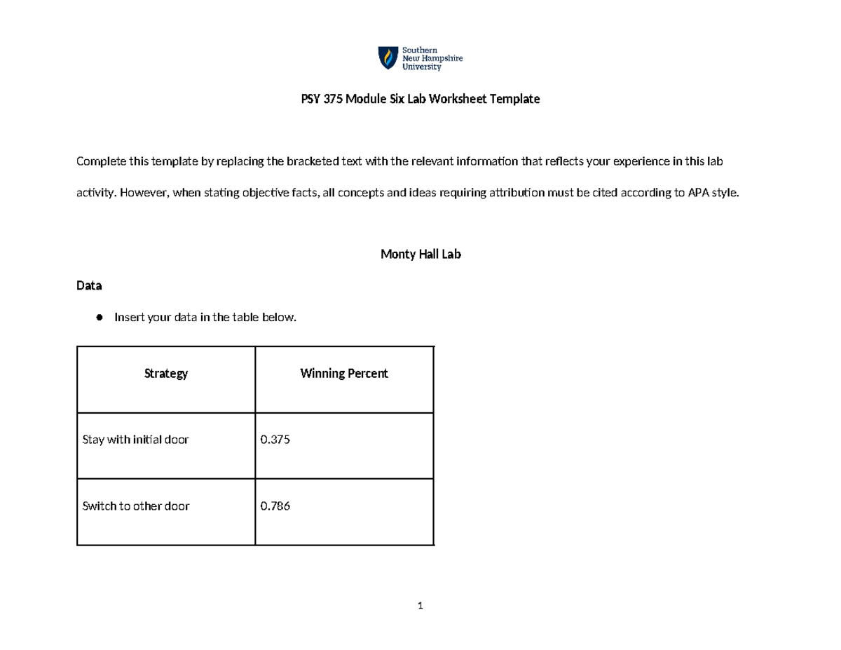 PSY 375 Final Lab Worksheet: Monty Hall & Wason Selection Labs - Studocu