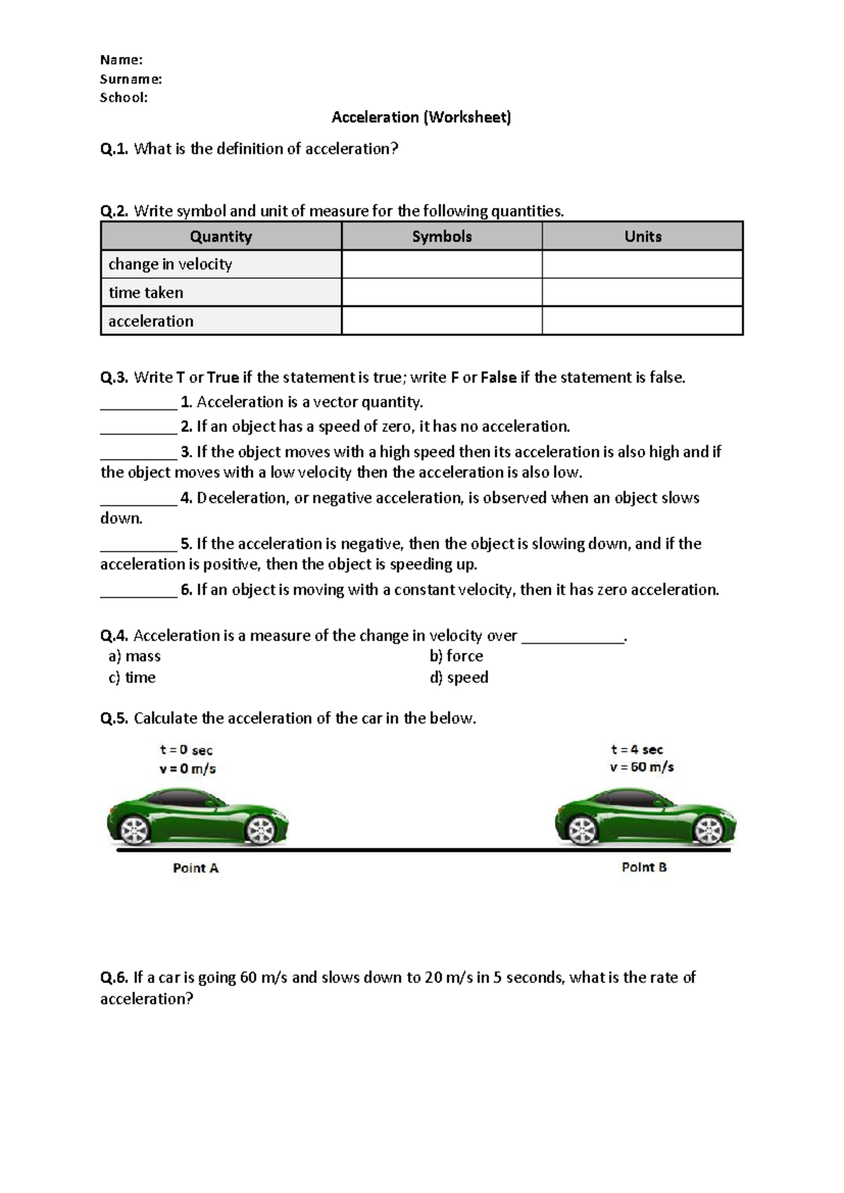 Acceleration Worksheet Activity - Definition & Calculations - Studocu