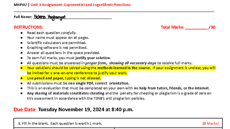 MHF4U Unit 3 Assignment: Exponential & Logarithmic Functions - Studocu