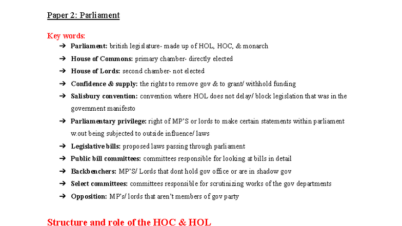 Paper 2 Parliament - Paper 2: Parliament Key words: ####### Parliament ...