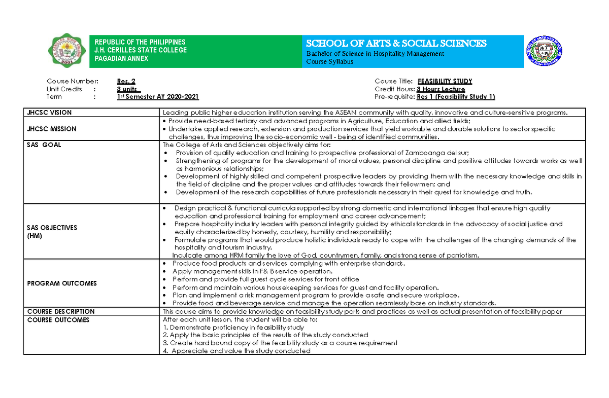 Final Exam Syllabus for Feasibility Study (Res. 2) 1st Sem AY 2020-2021 ...