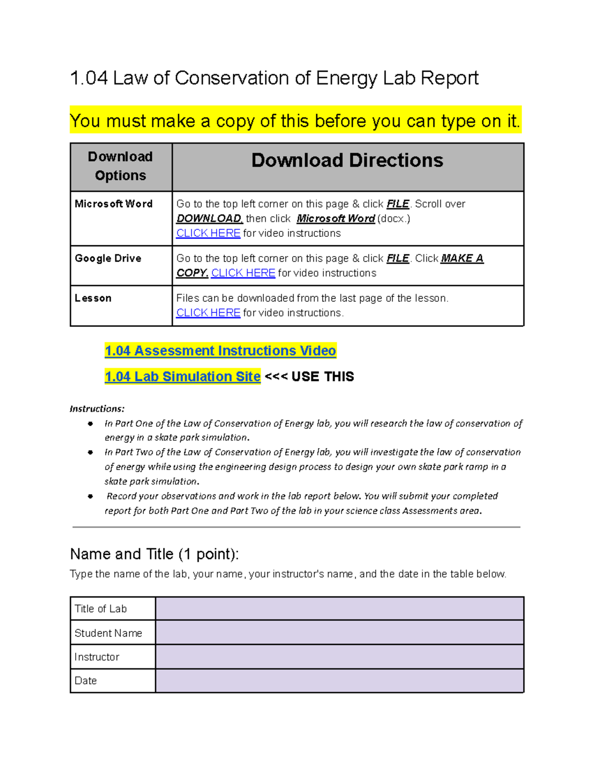 1.04 Law of conversation - 1 Law of Conservation of Energy Lab Report ...