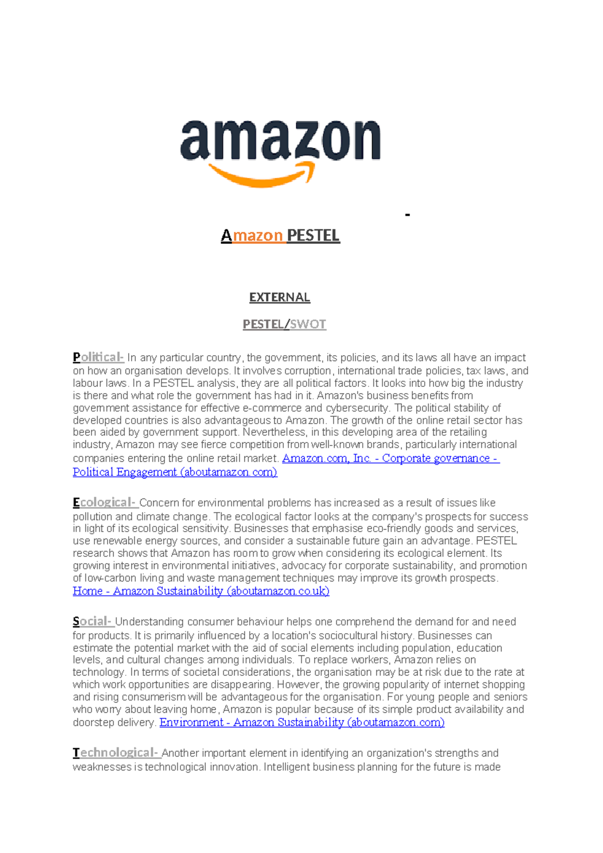 Amazon PESTEL & SWOT Analysis: Insights for Strategic Growth - Studocu