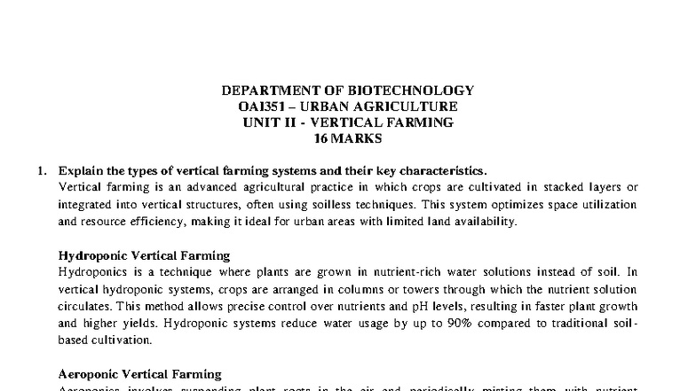 UA OAI351 Unit II: Vertical Farming & Green Walls - 16 Marks - Studocu
