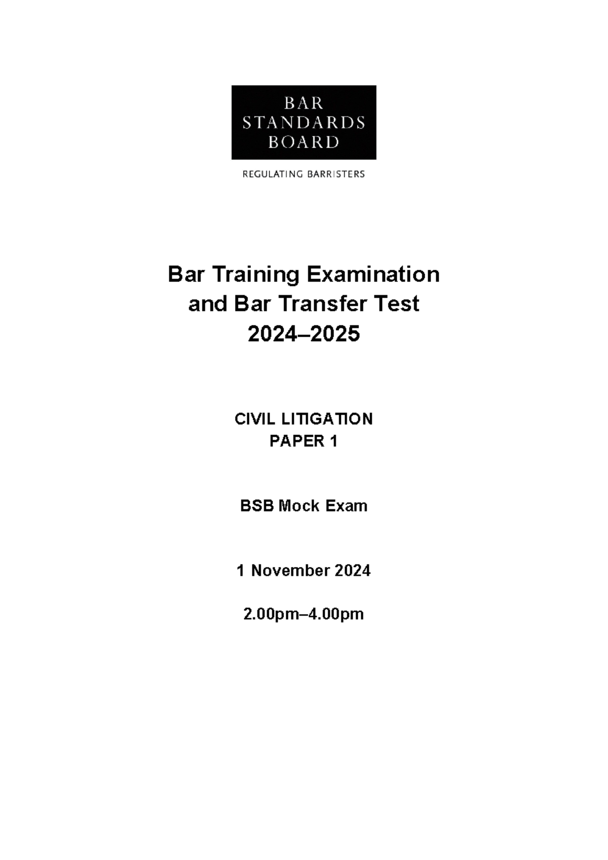 Civil Litigation Paper 1 Mock Exam BSB 2024 - Full Marker Version - Studocu