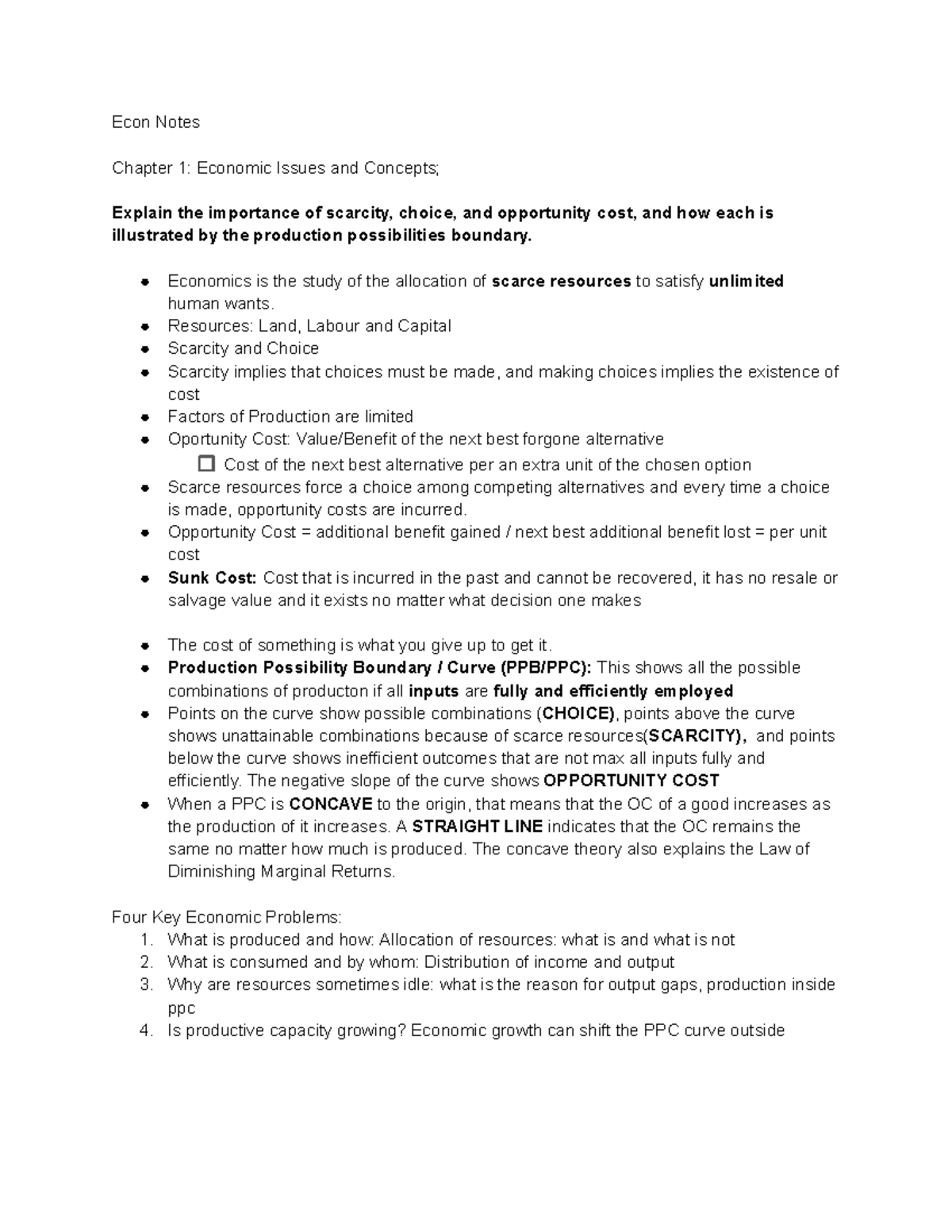ECON 101 notes - Econ Notes Chapter 1: Economic Issues and Concepts ...
