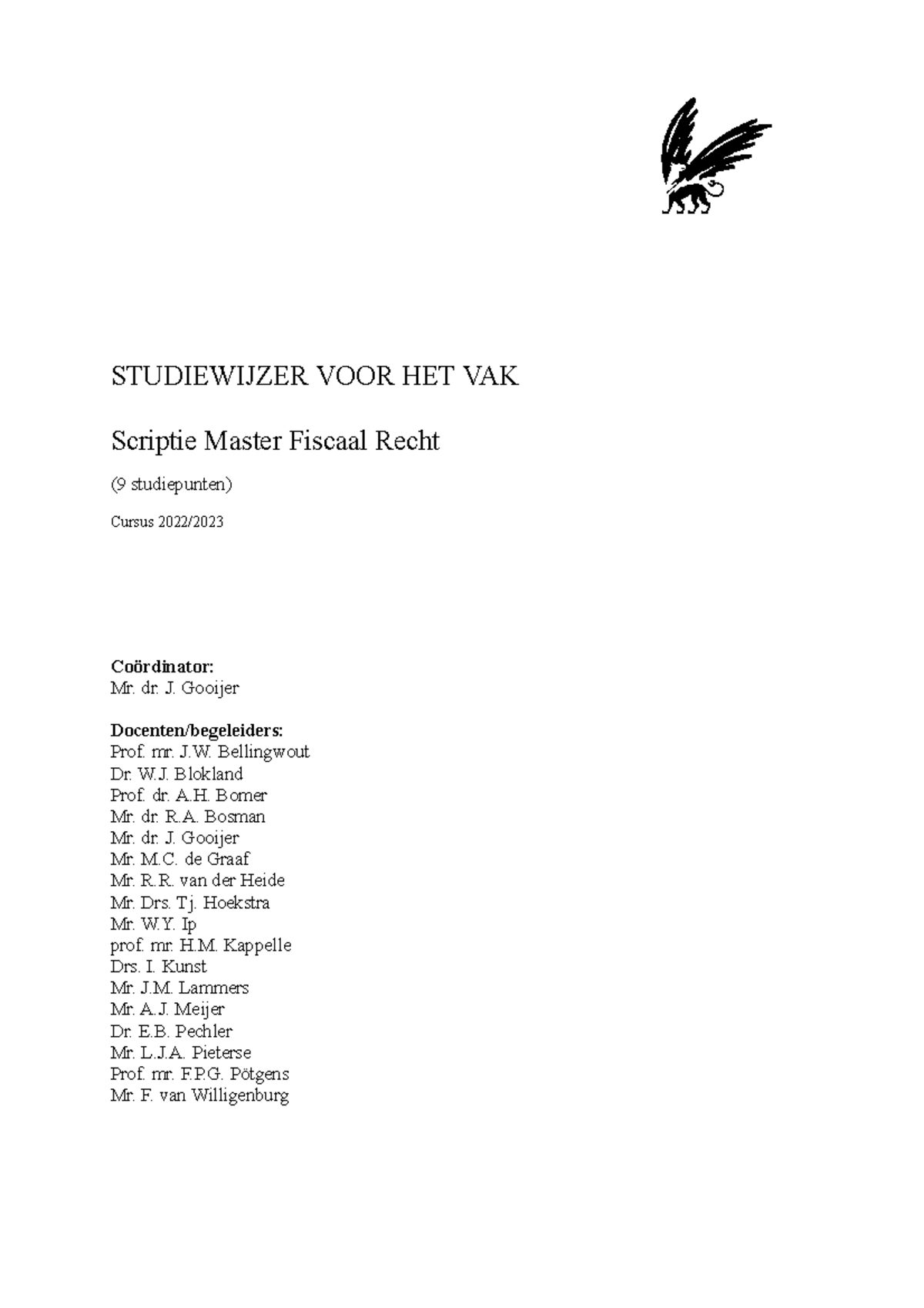Studiewijzer Scriptie Master Fiscaal Recht 2022-2023 (9 EC) - Studeersnel