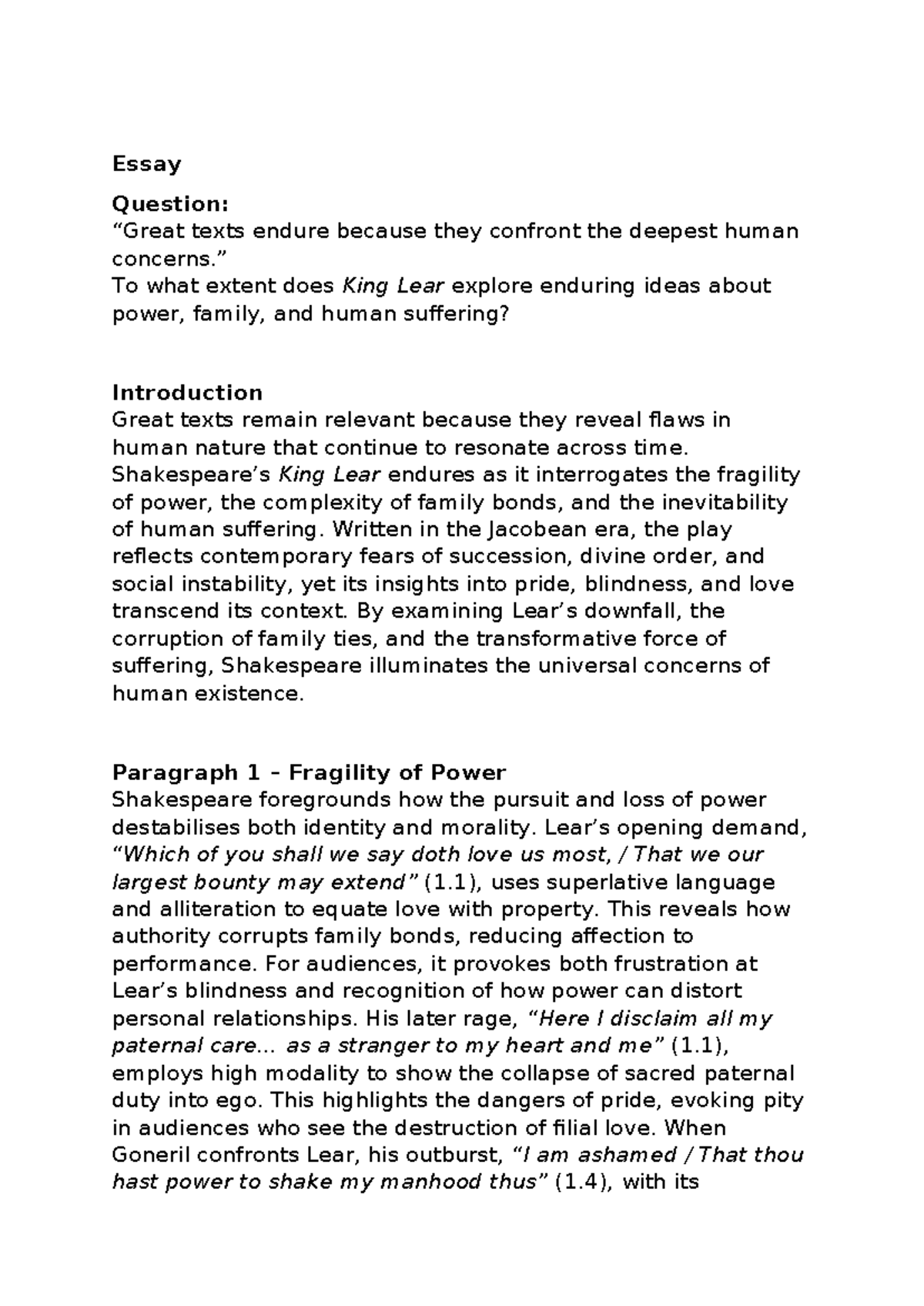 ENG 201: Essay on Enduring Themes in King Lear: Power, Family, and ...