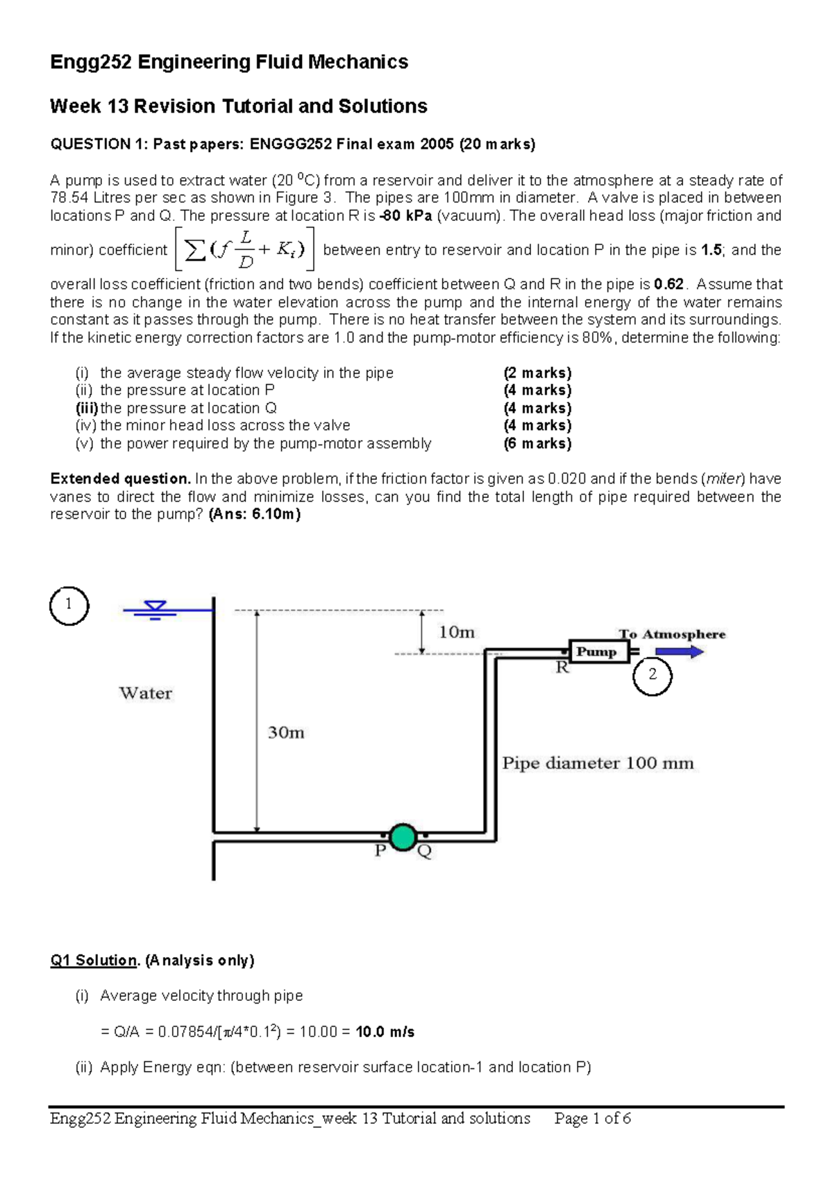 Engg252 Engineering Fluid Mechanics Week 13 Revision: Final Exam Solutions - Studocu