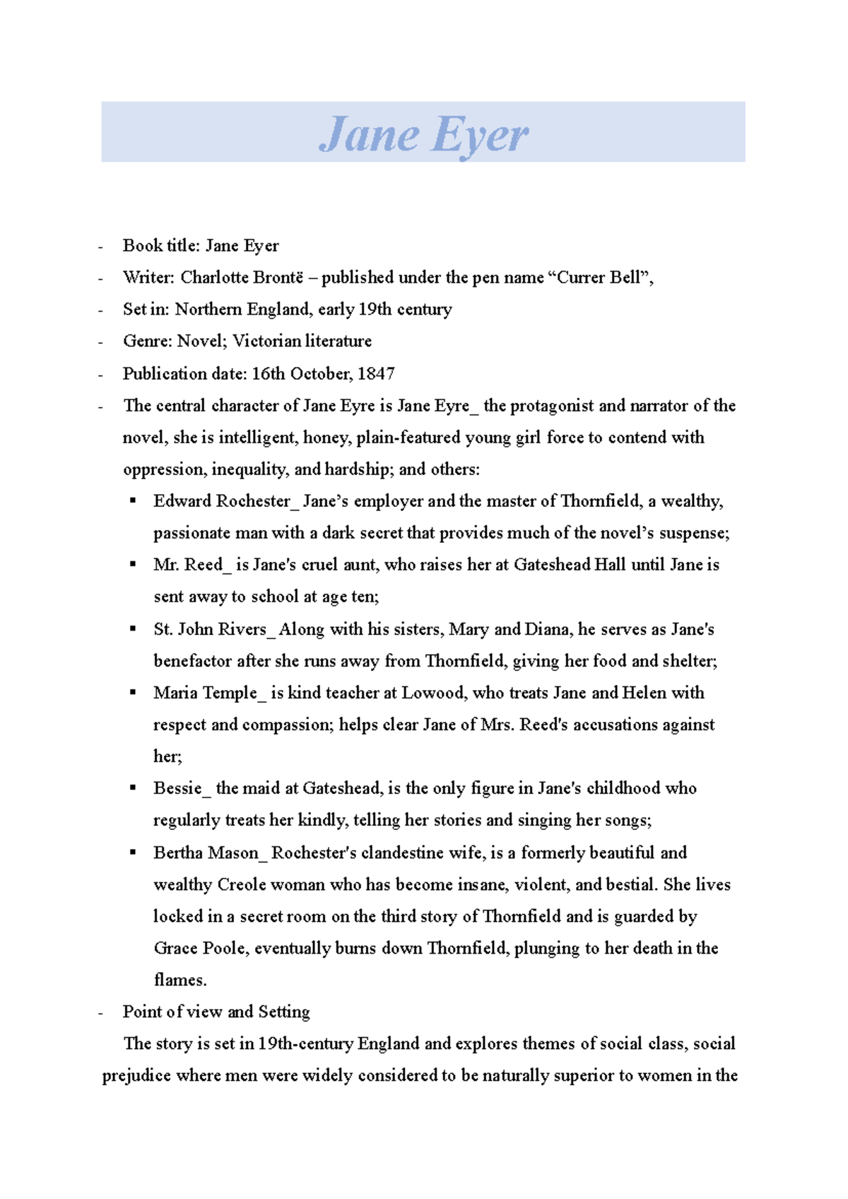 Jane Eyre: A Study of Characters and Themes in Victorian Literature ...