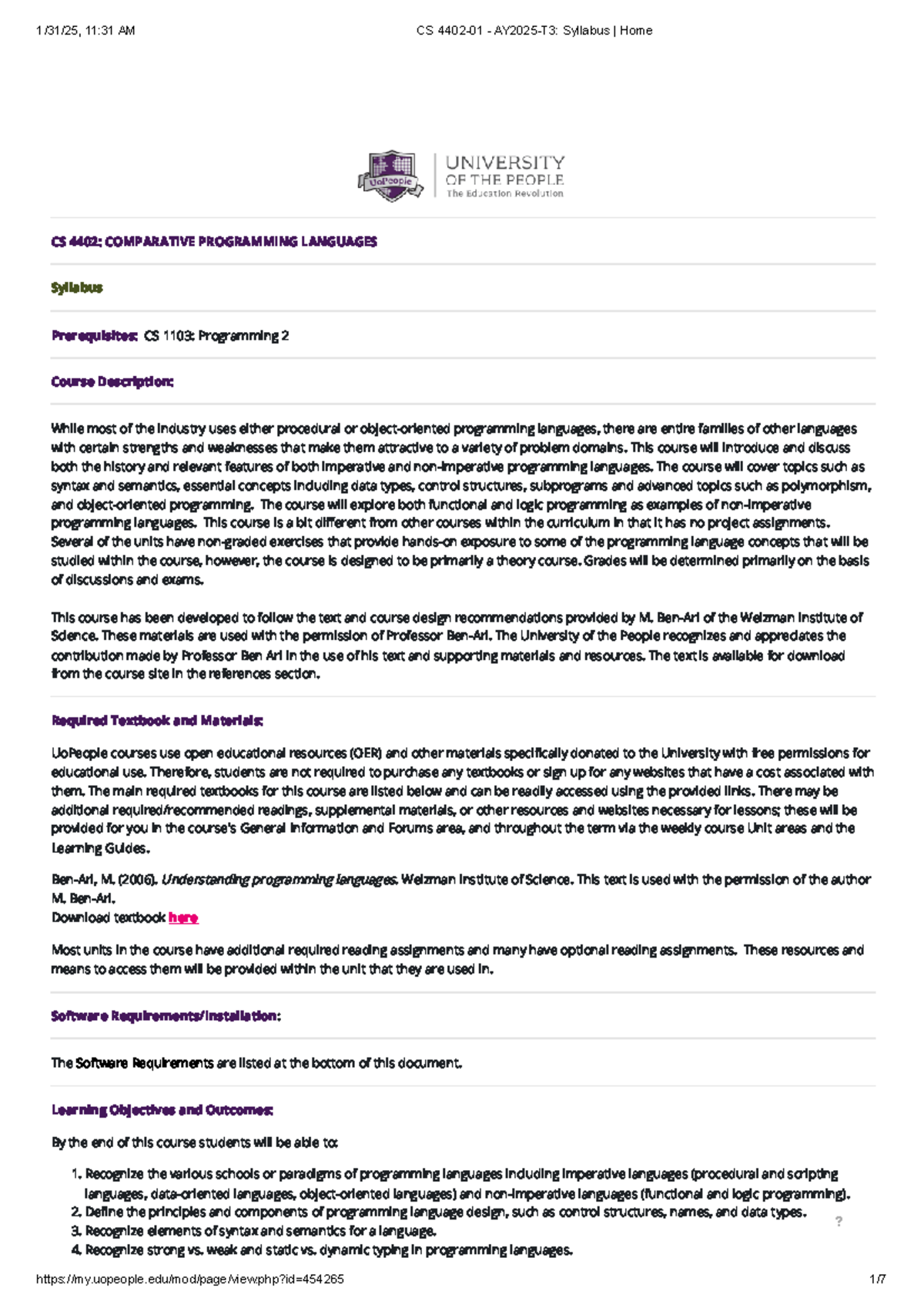 CS 4402: Comparative Programming Languages Course Overview and Final ...