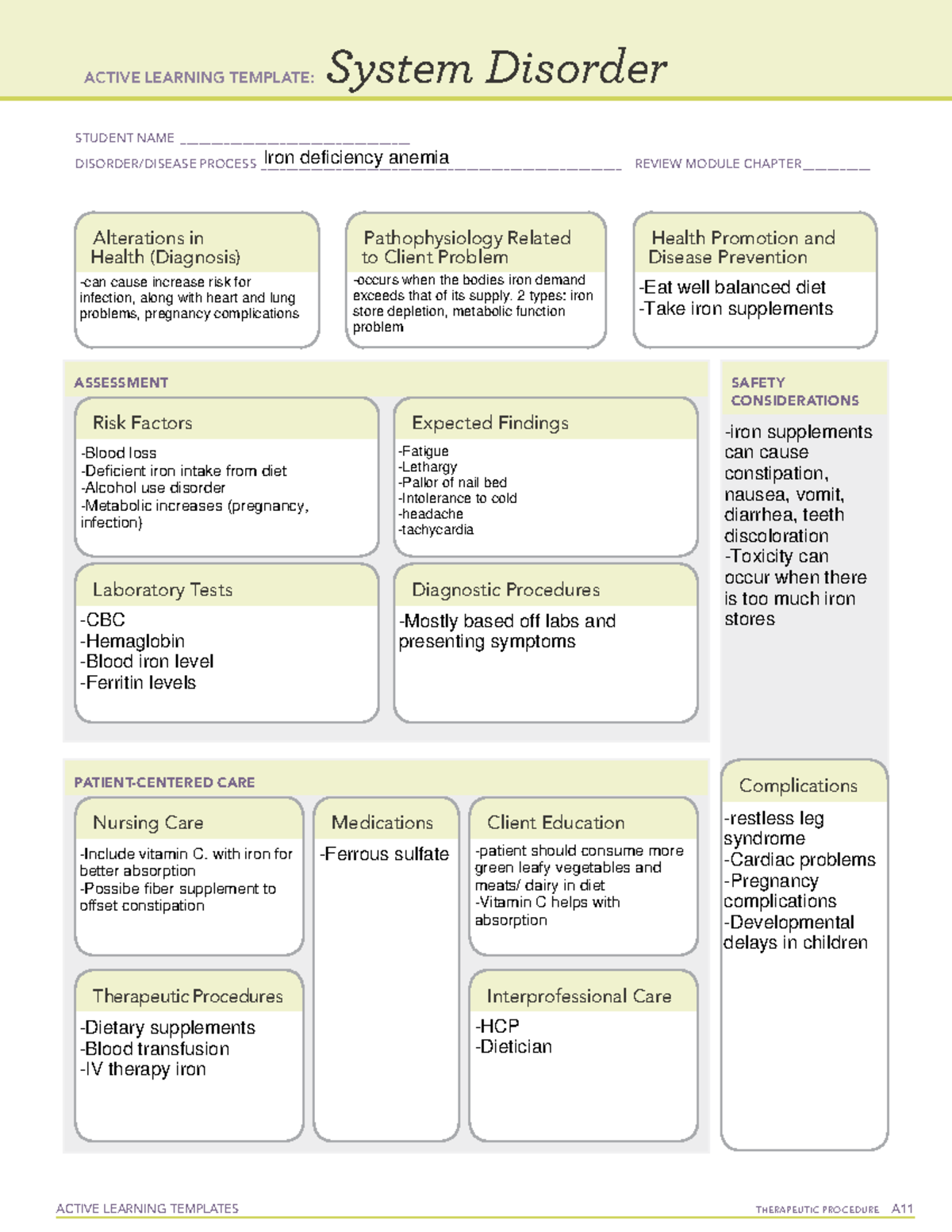 system disorder Iron deficiency anemia - ACTIVE LEARNING TEMPLATES ...