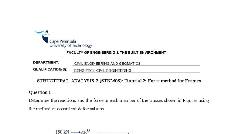 Tutorial 3 Force Method Trusses Sty200s Structural Analysis 2