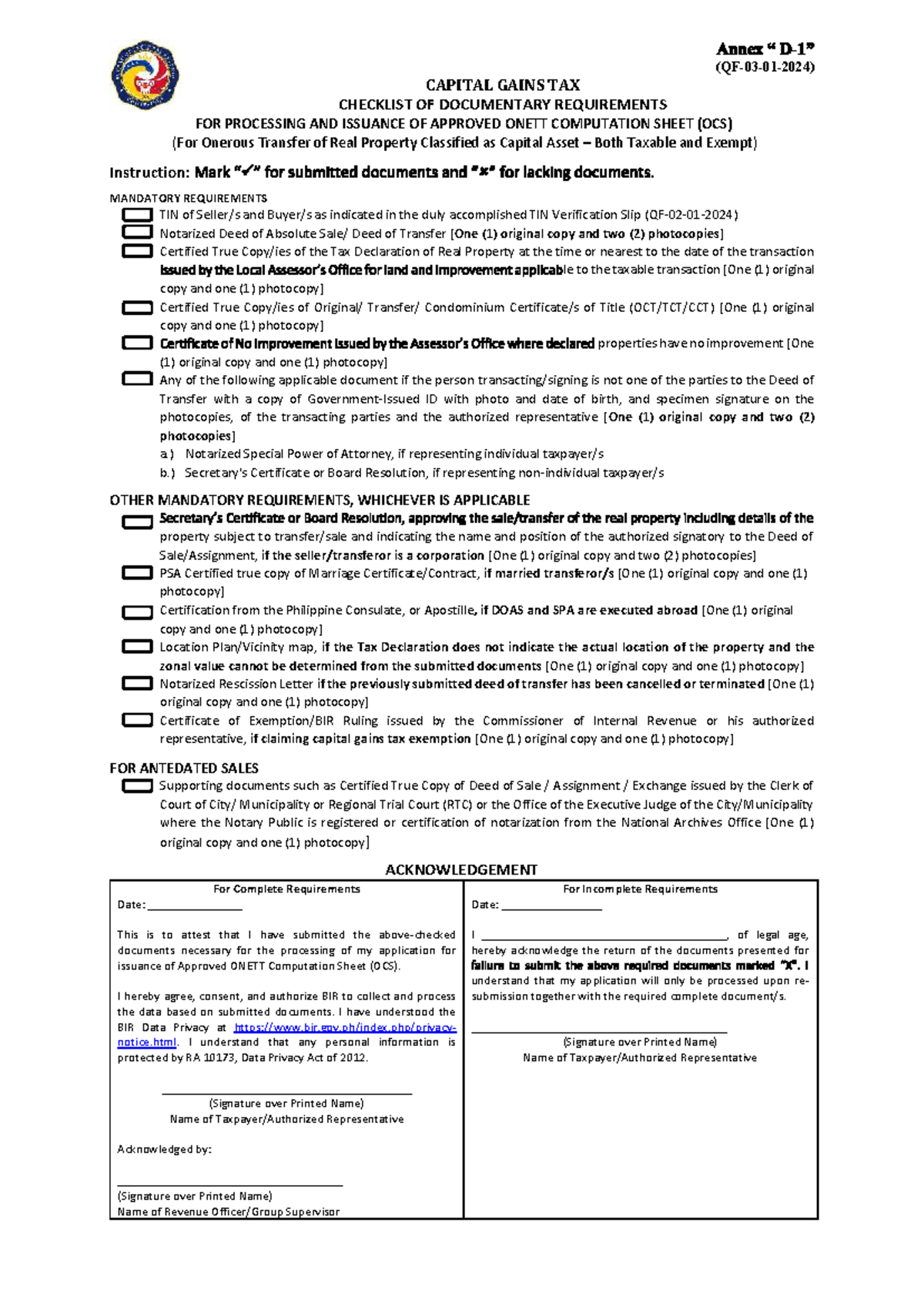 CGT Checklist: Documentary Requirements for OCS Processing - Studocu