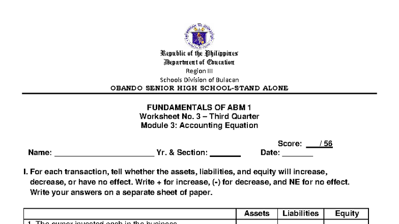 FABM 1 Q3 Worksheet No. 3: Accounting Equation Exercises - Studocu