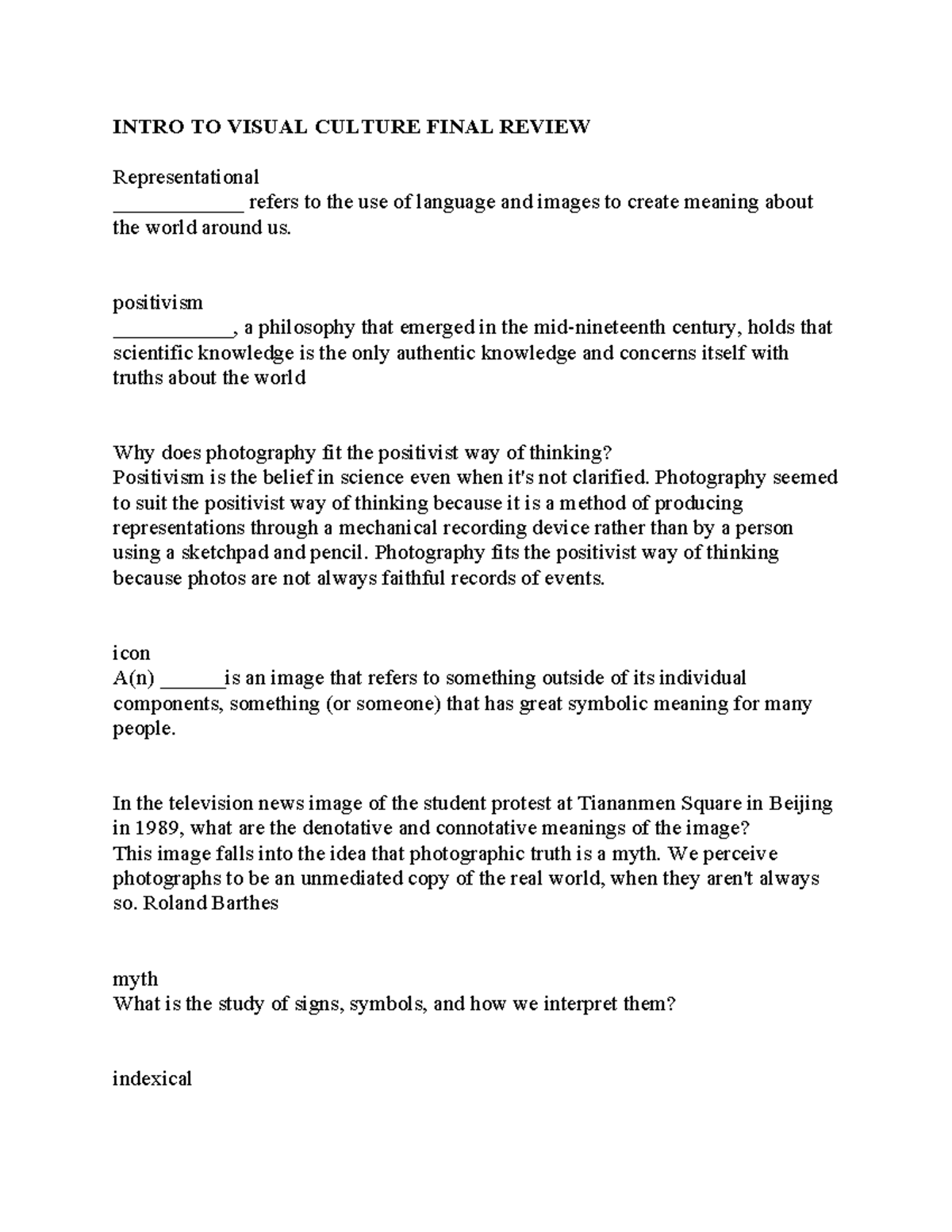 Intro TO Visual Culture Final Review - INTRO TO VISUAL CULTURE FINAL ...