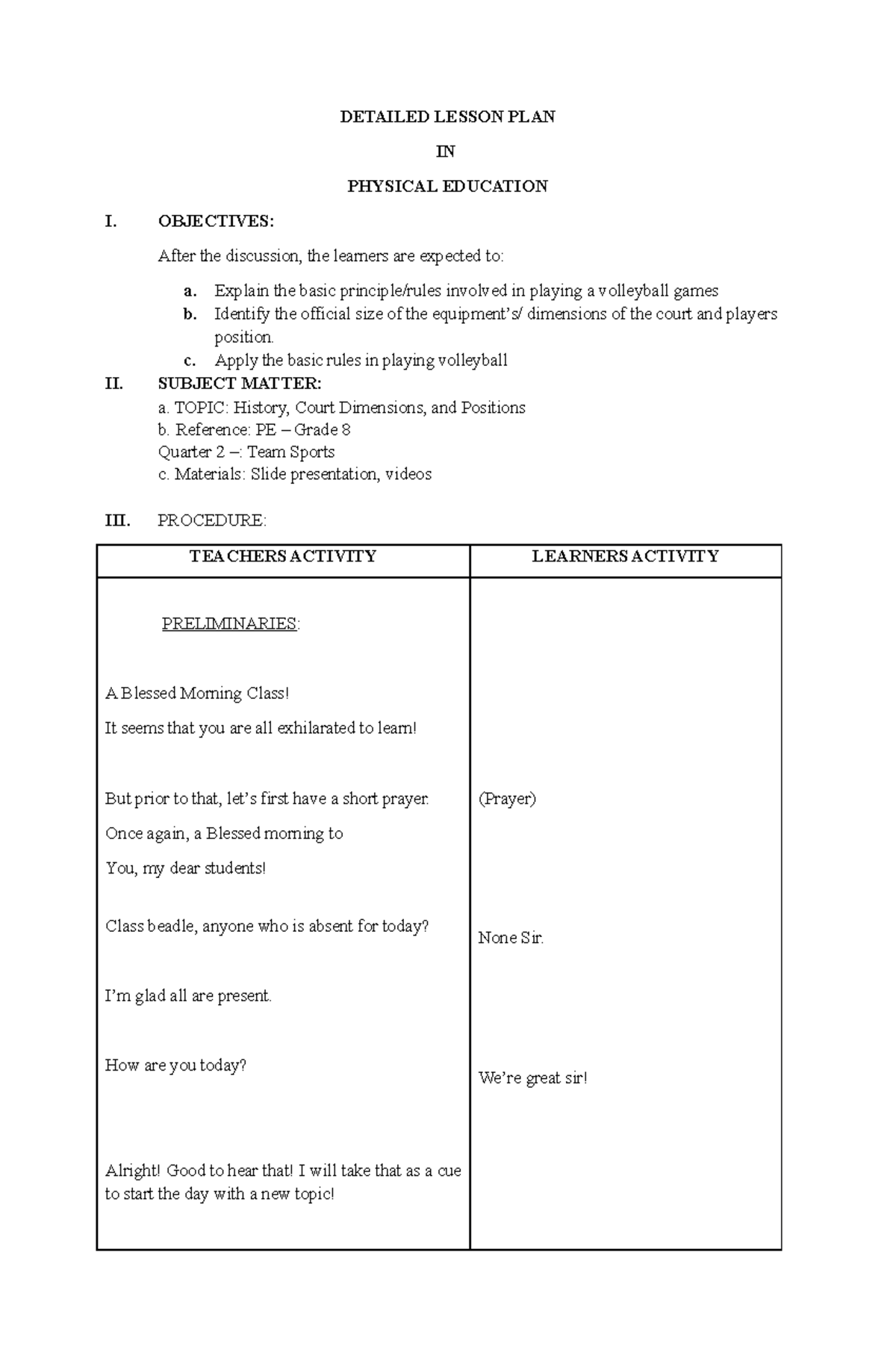 DLP PE Volleyball Lesson Plan: History, Rules, and Skills Overview ...