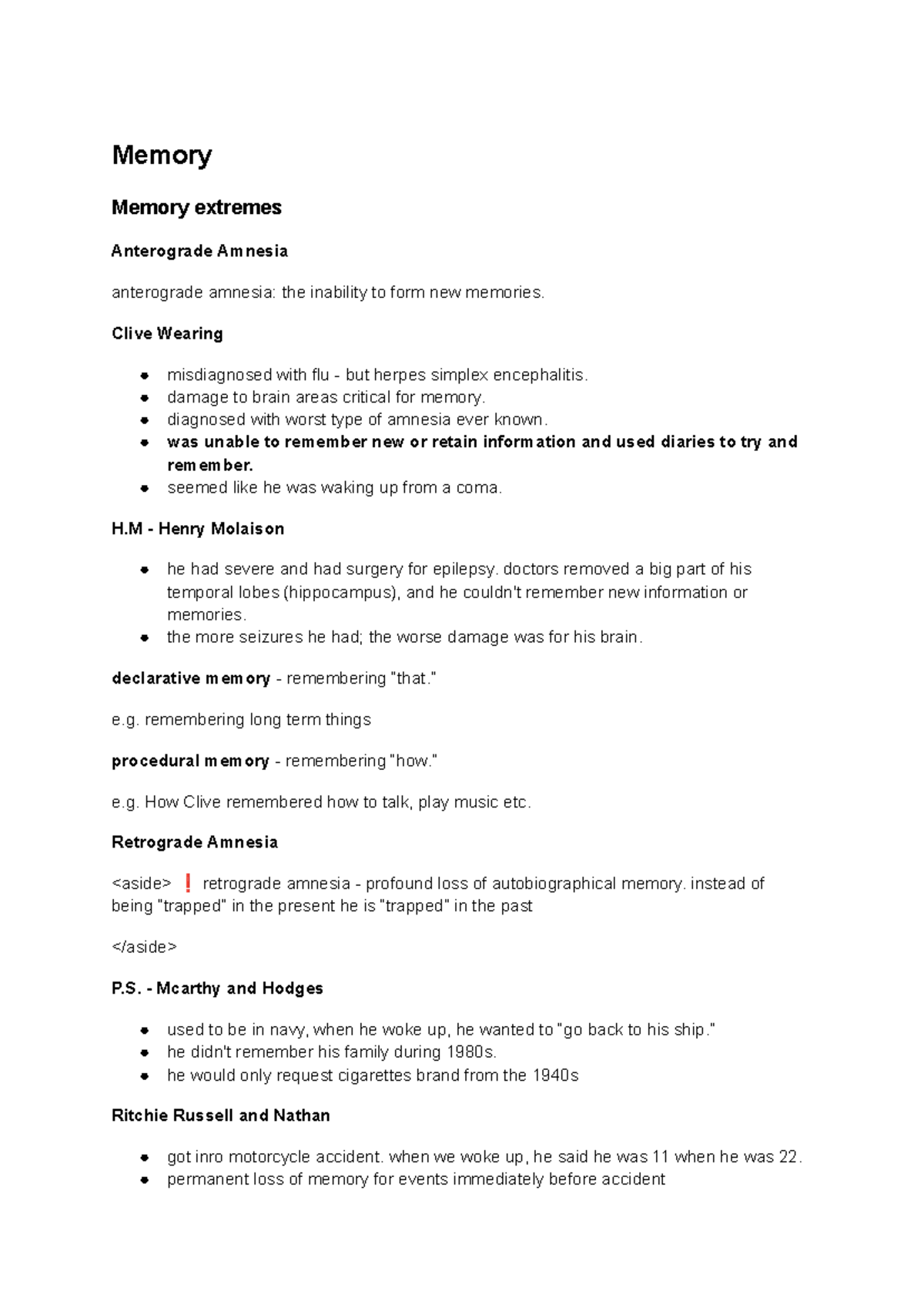 Psych 109: Memory Notes on Amnesia and Memory Types - Studocu
