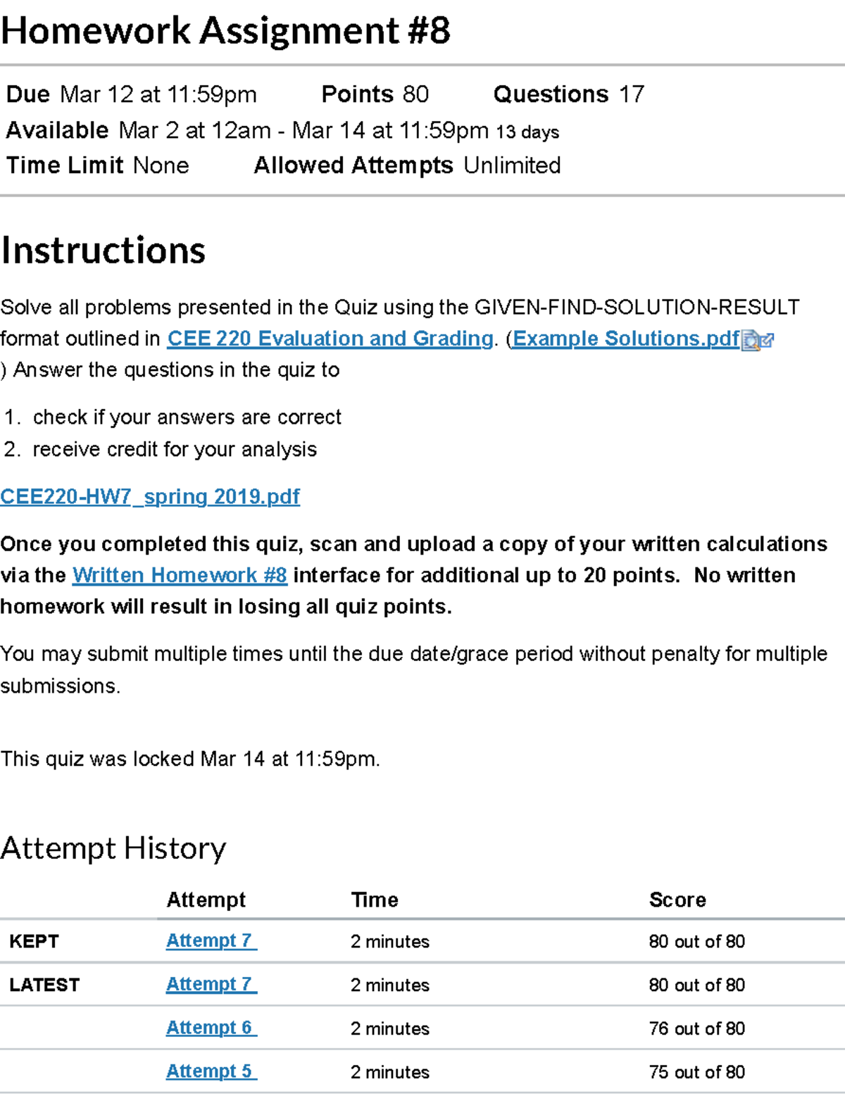 CEE220 Homework 8: Quiz Solutions and Attempt History Analysis - Studocu