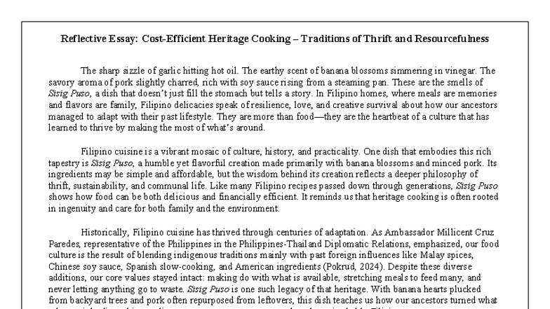 DIAZ Reflective Essay: Heritage Cooking & Resourcefulness in RPH - Studocu