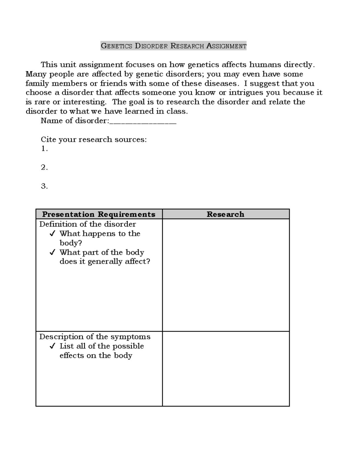 Genetic Disorder Research Poster Presentation (BIO 101) - Spring 2024 ...