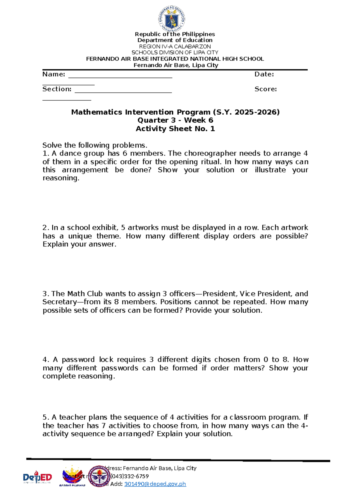 WEEK 6 Math Intervention Activity Sheet - S.Y. 2023-2024 - Studocu