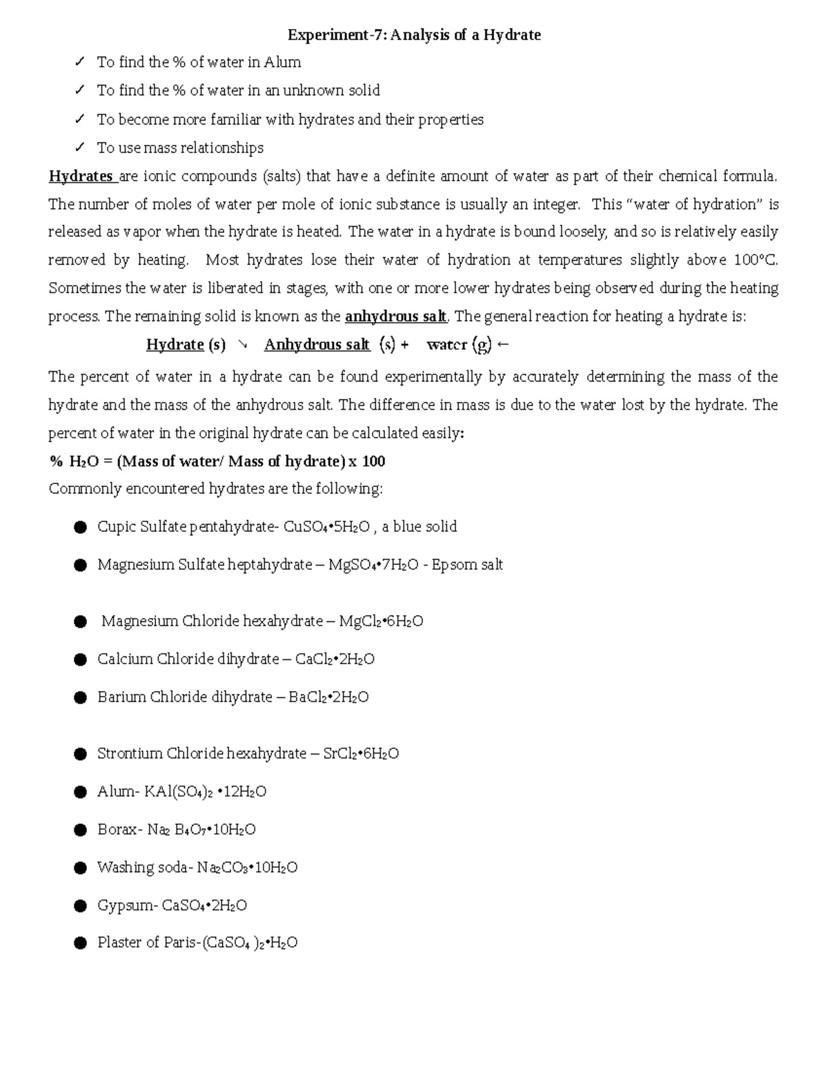 7Analysis of a Hydrate - Experiment-7: Analysis of a Hydrate To find ...