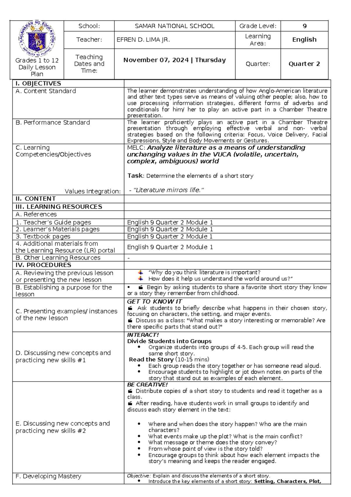English 9 Lesson Plan: Elements of a Short Story (Quarter 2) - Studocu