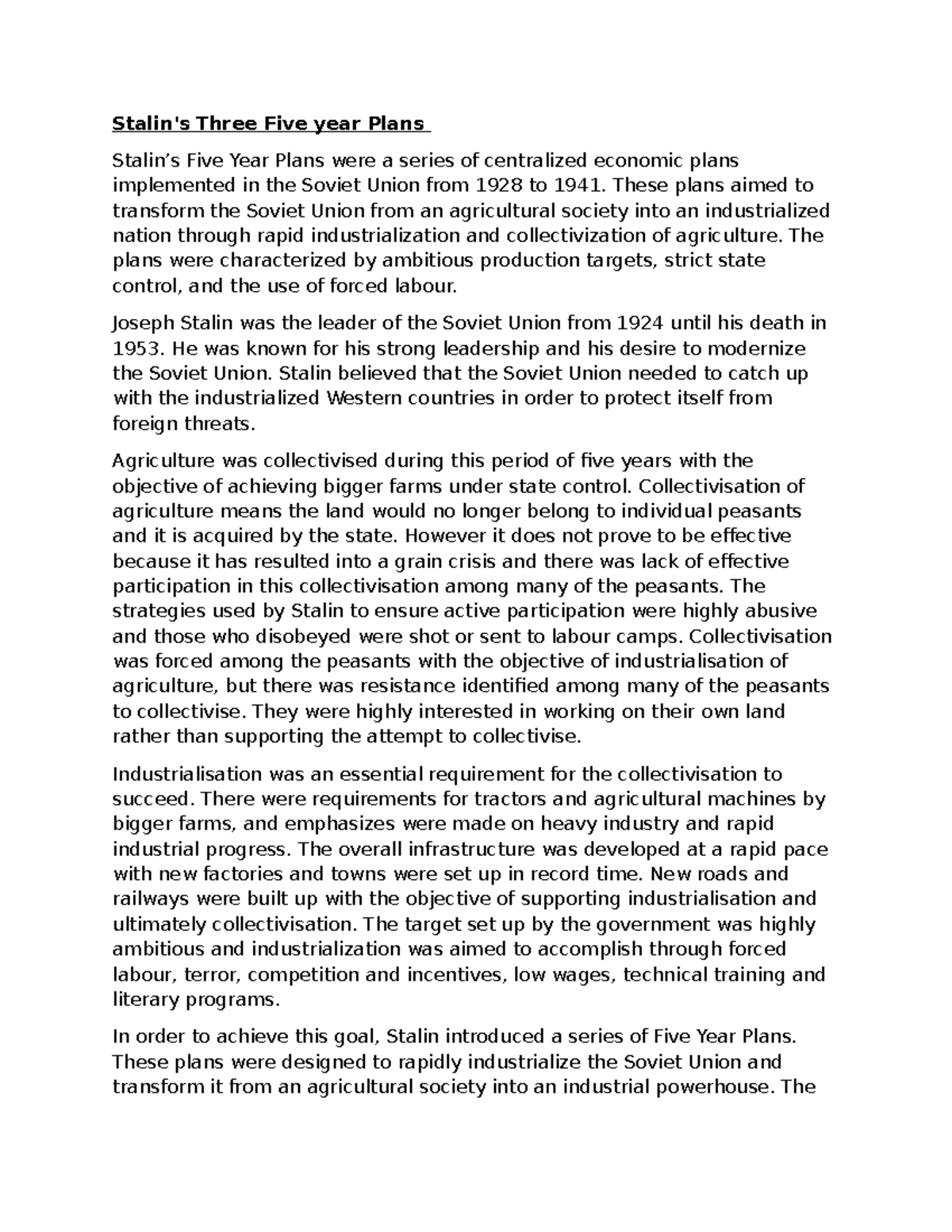 Stalin's Economic Transformation: An Analysis of 3 Five-Year Plans ...