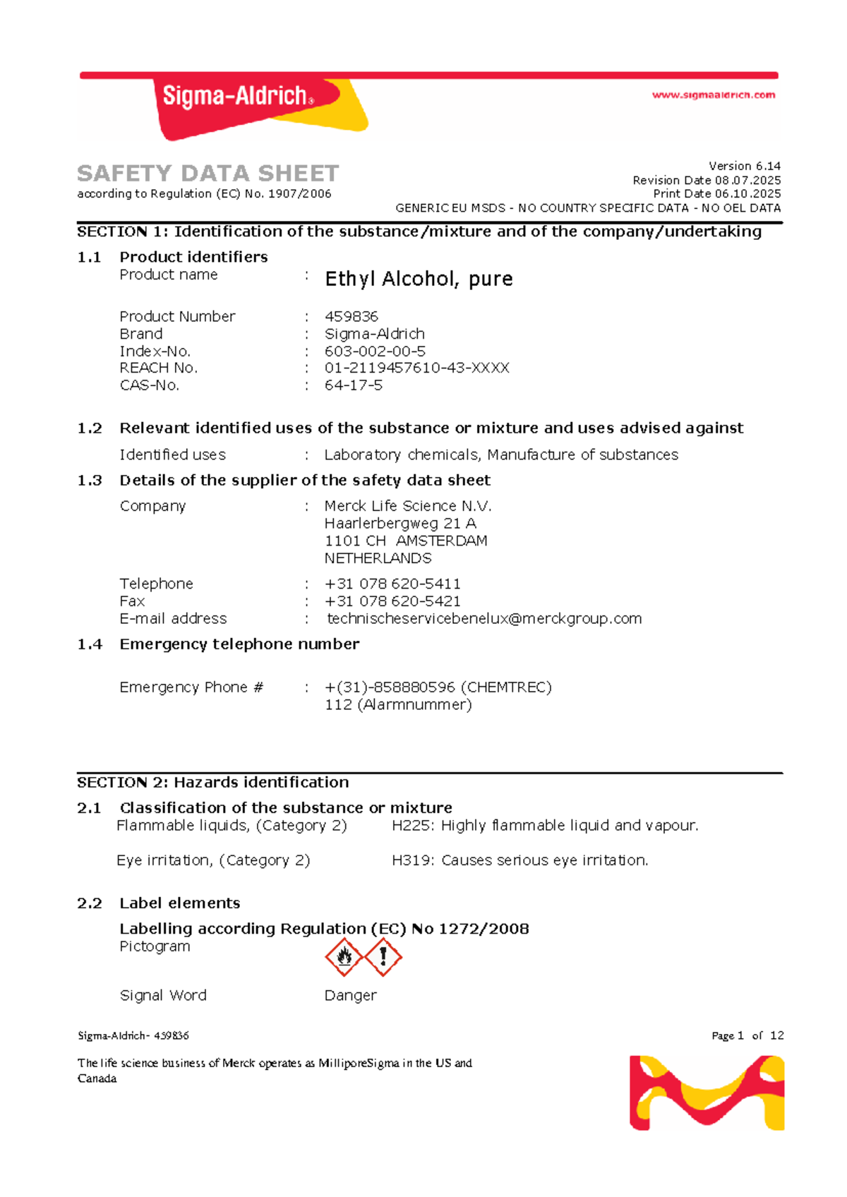 Ethanol Safety Data Sheet (SDS) - Regulation (EC) No. 459836 - Studeersnel