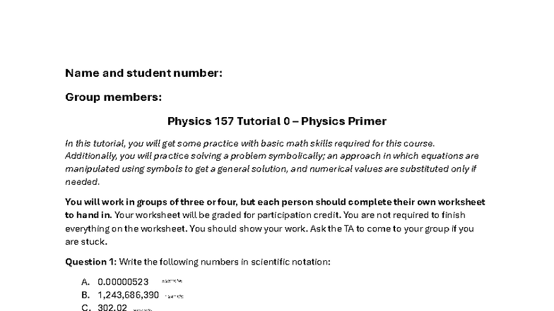 Physics 157 Tutorial 0: Basic Math Skills and Problem Solving - Studocu