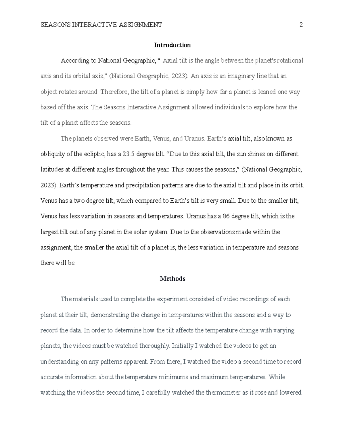 Seasons Interactive Assignment Lab Report: Exploring Axial Tilt Impact ...