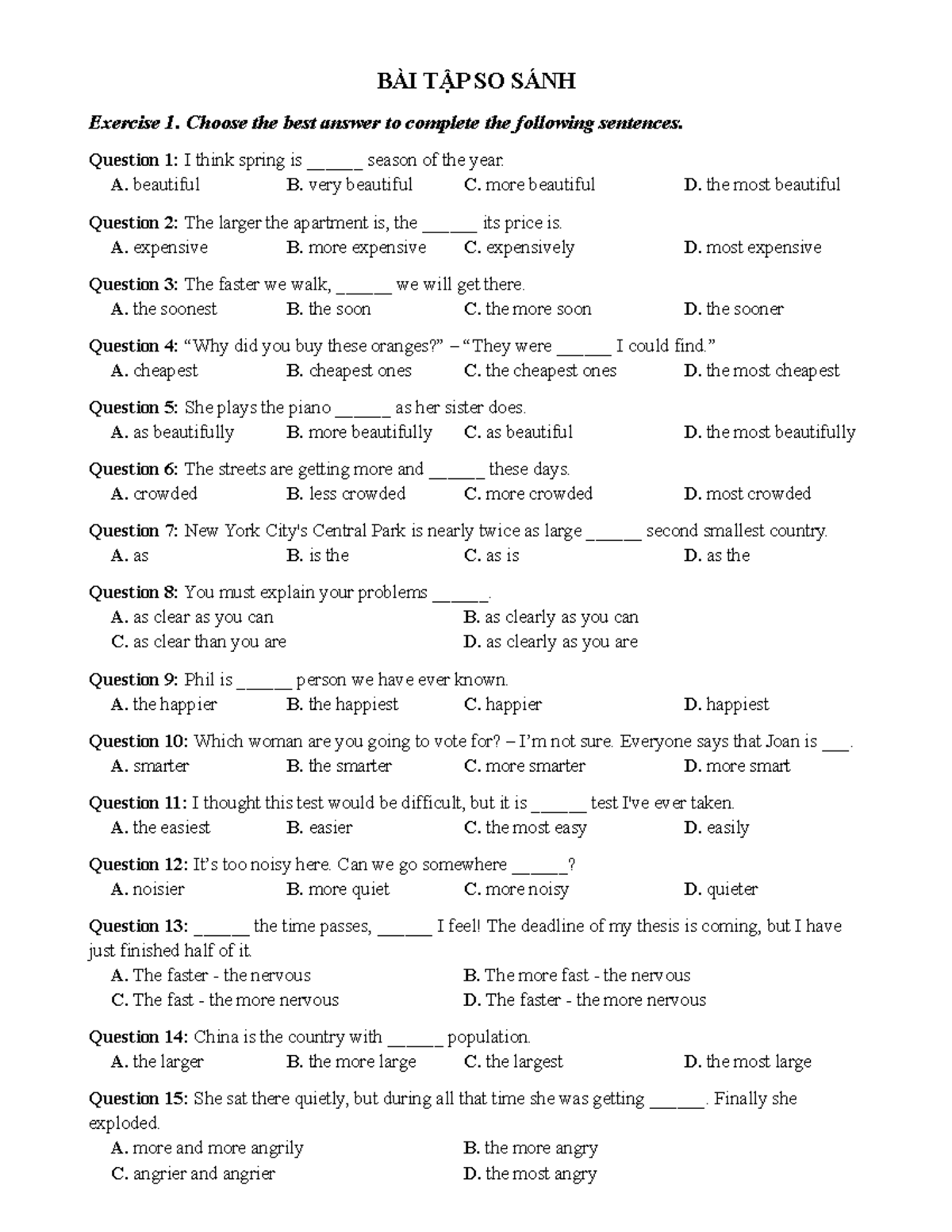 BÀI TẬP SO SÁNH - Exercises on Comparative Adjectives and Structures ...