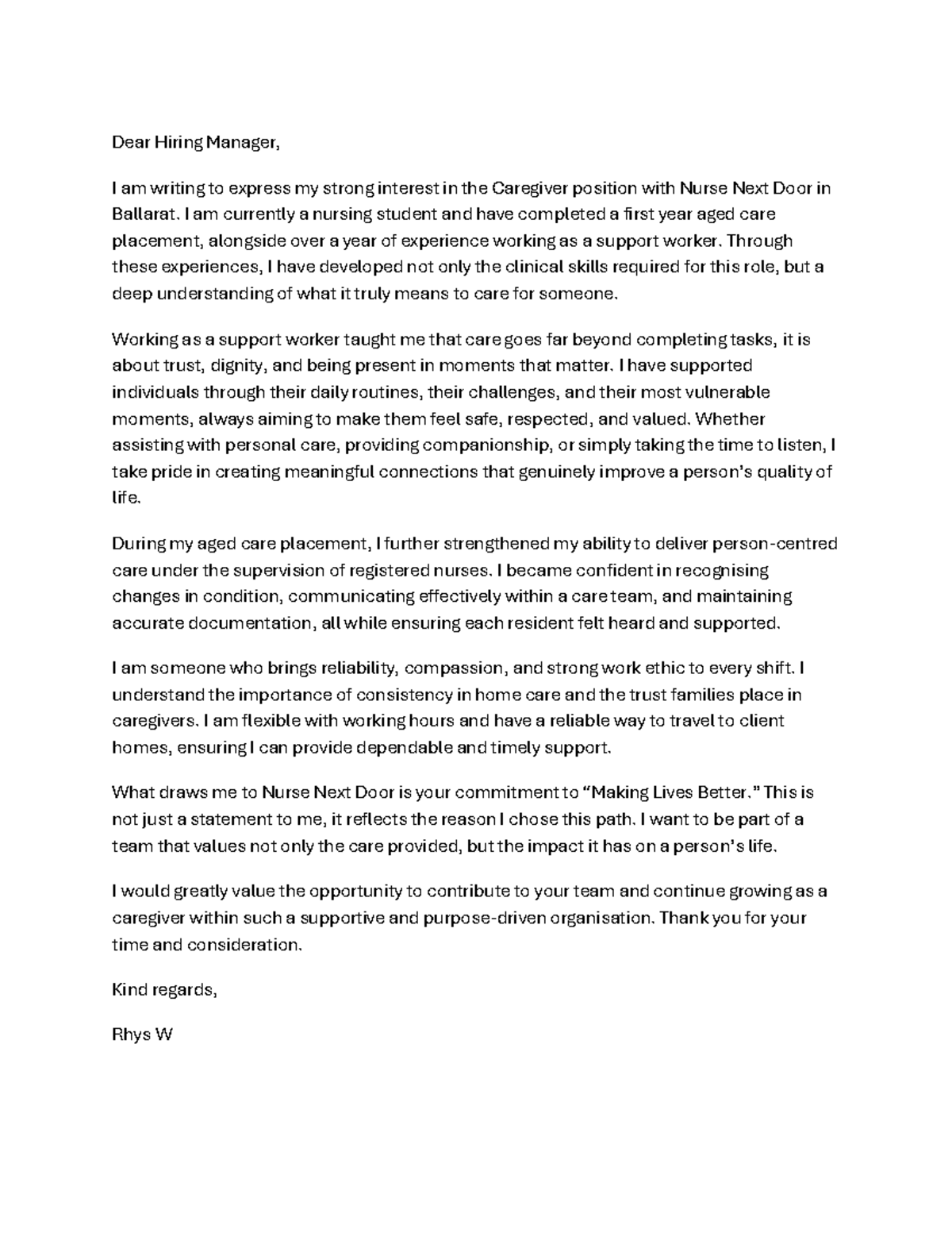 NND Cover Letter for Caregiver Position - Rhys W - Studocu