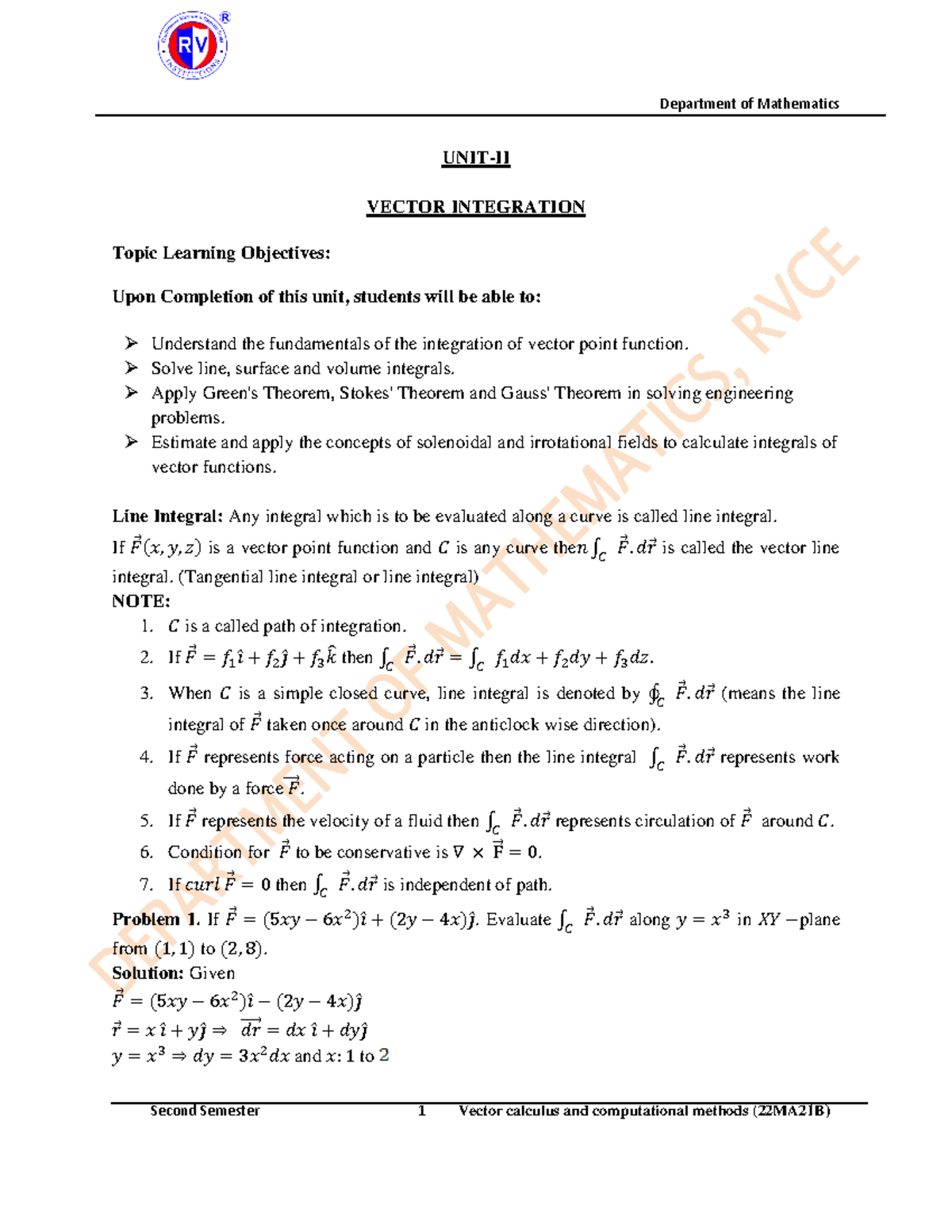 Vector Integration Concepts and Applications (22MA21B) - Studocu