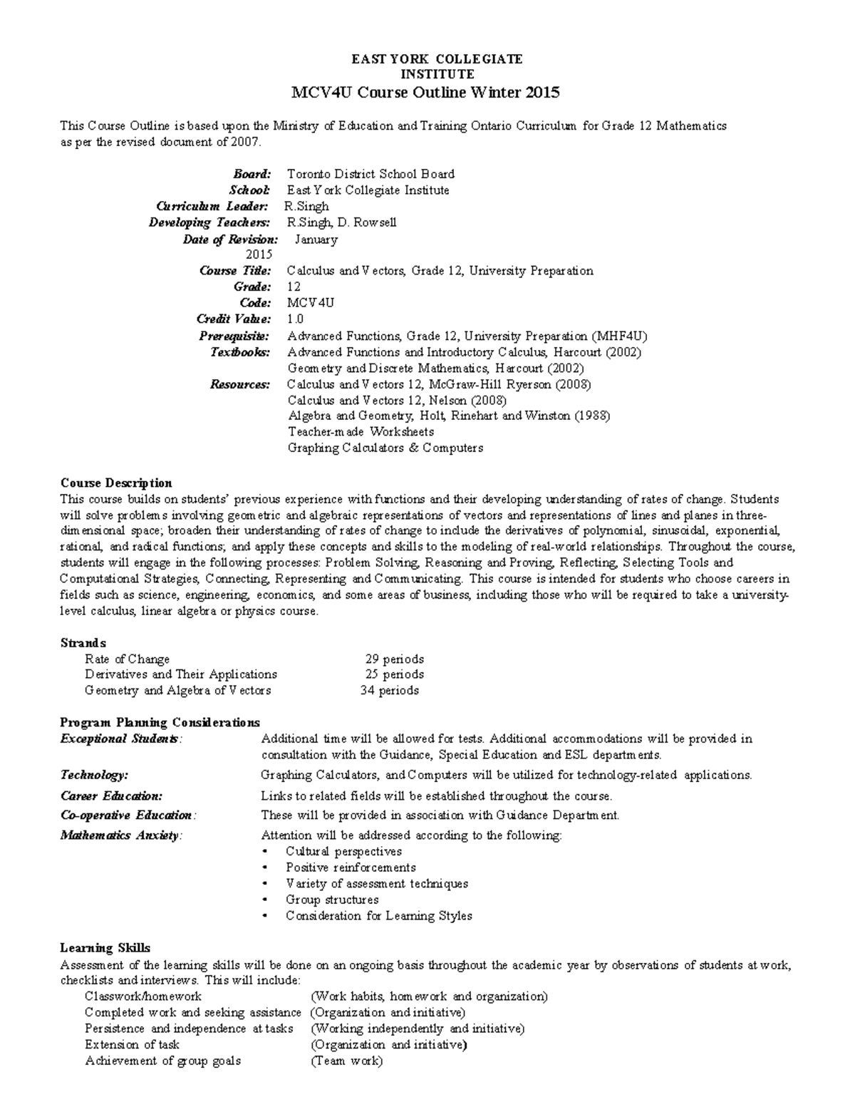 MCV4U Course Outline: Calculus & Vectors Winter 2015 - Studocu