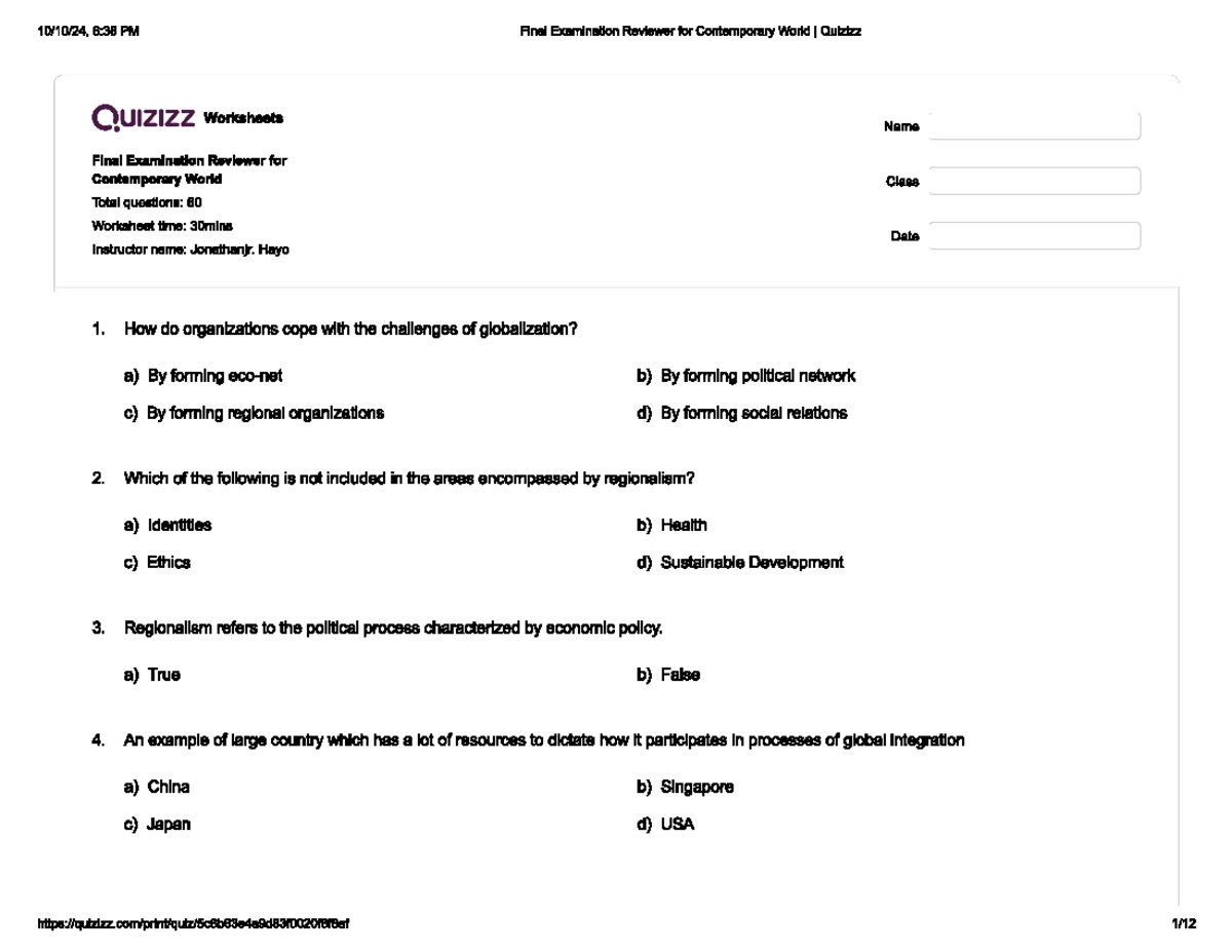 GE3 Final Exam Reviewer for Contemporary World I: Key Concepts ...