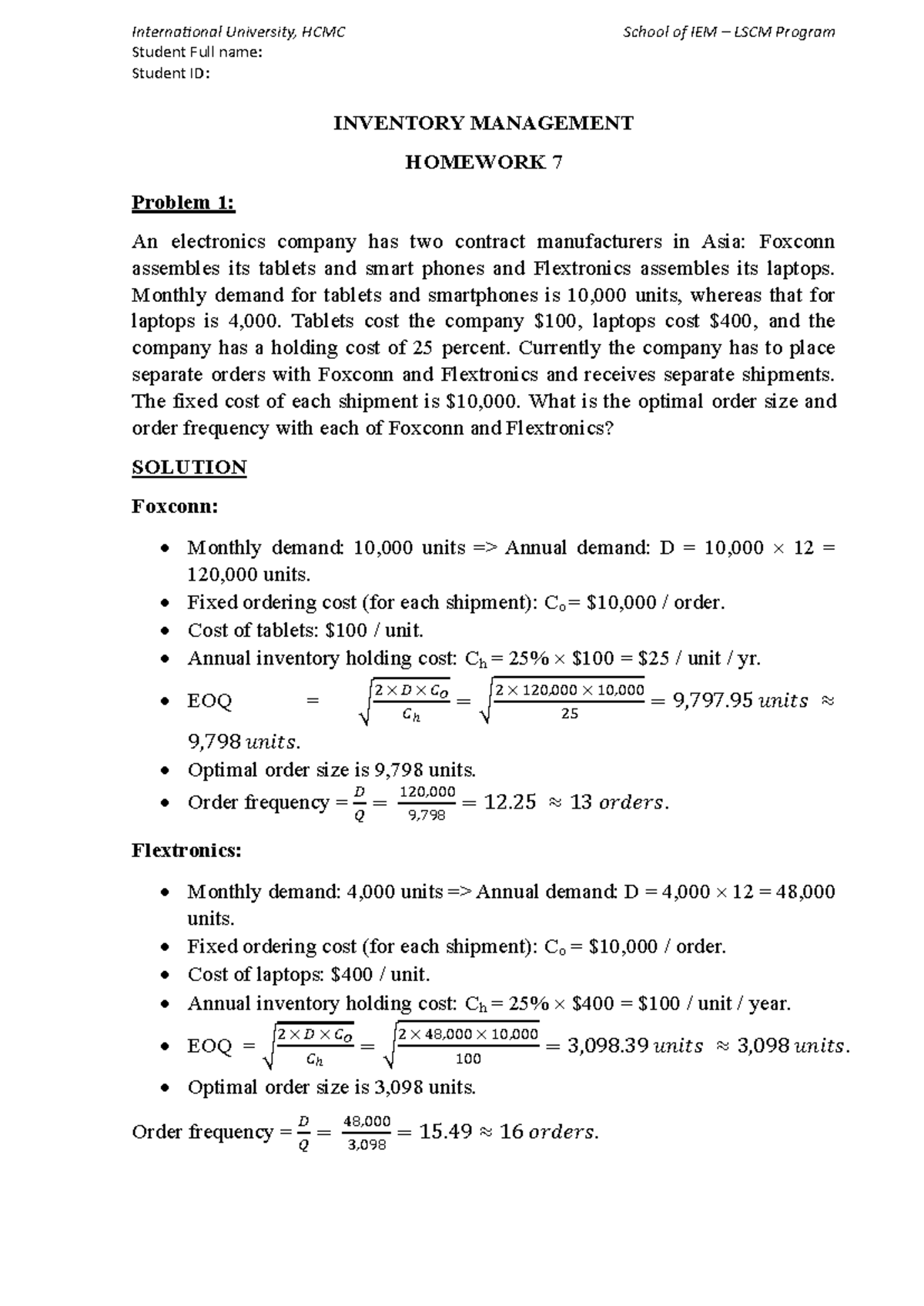 Inventory Management Homework 7 Solution - IEM LSCM 2526 - Studocu