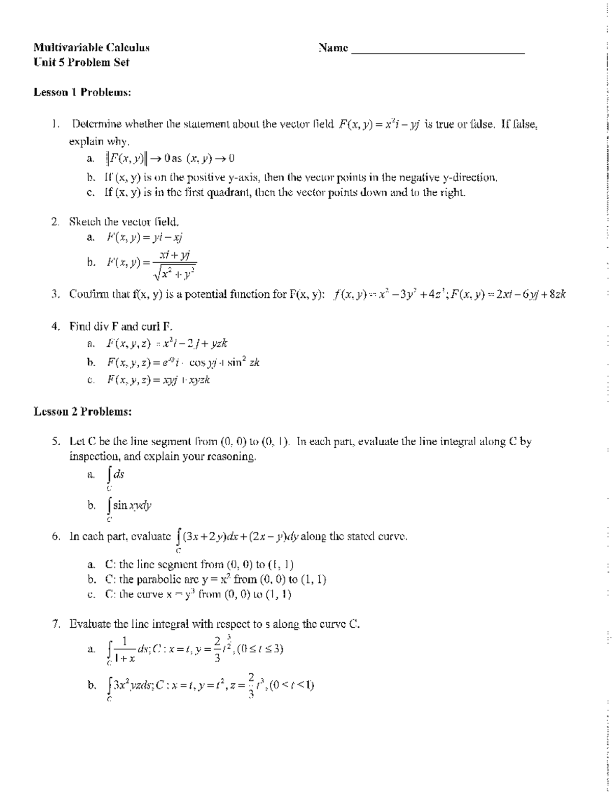 MV Calculus Unit 5 Problem Set: Vector Fields & Line Integrals - Studocu