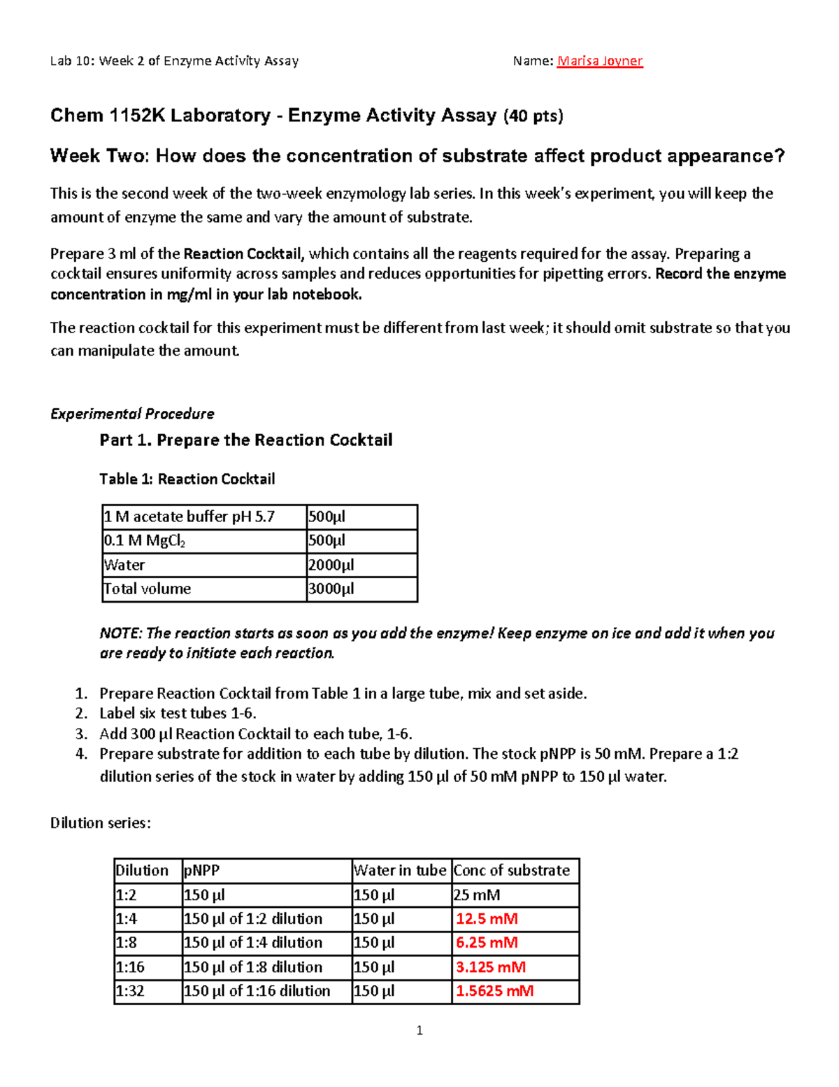 Chem 1152K Lab 10: Enzymology - Substrate Concentration Effects - Studocu