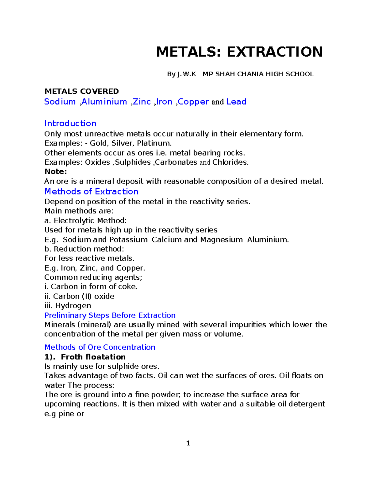 Metals Final - Perfect simplified notes - METALS: EXTRACTION By J.W MP ...