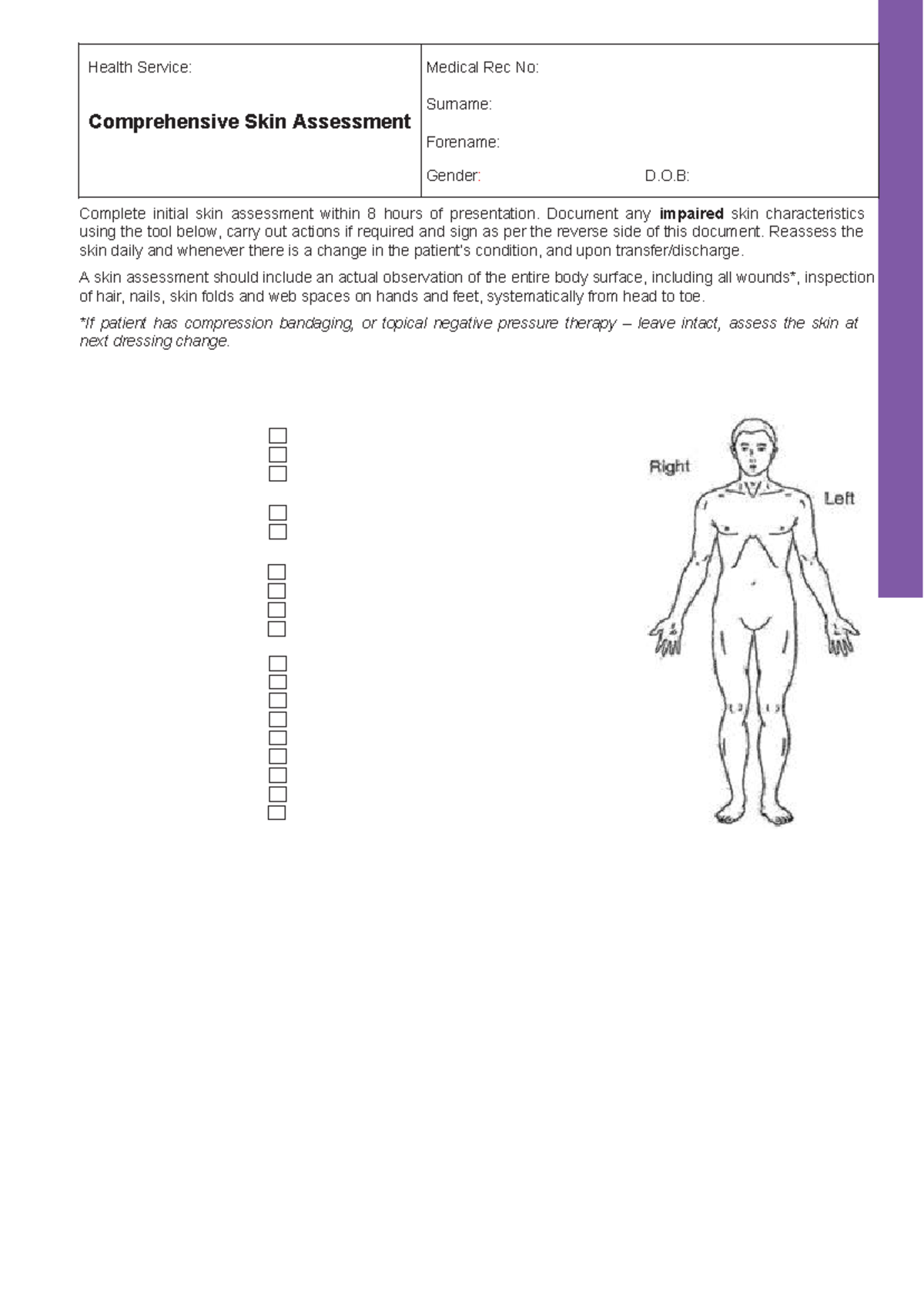 Health Service: Skin Assessment Template for Medical Records - Studocu