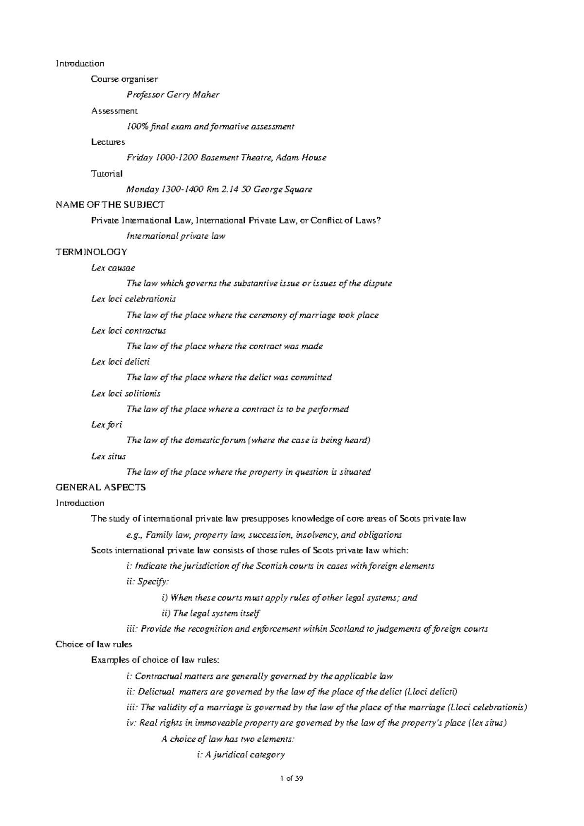 International private law lecture notes - Introduction Course organiser ...