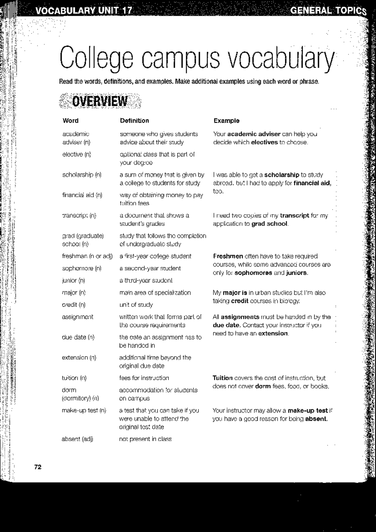 COLLEGE VOCABULARY UNIT 17: CAMPUS TERMS AND DEFINITIONS - Studocu