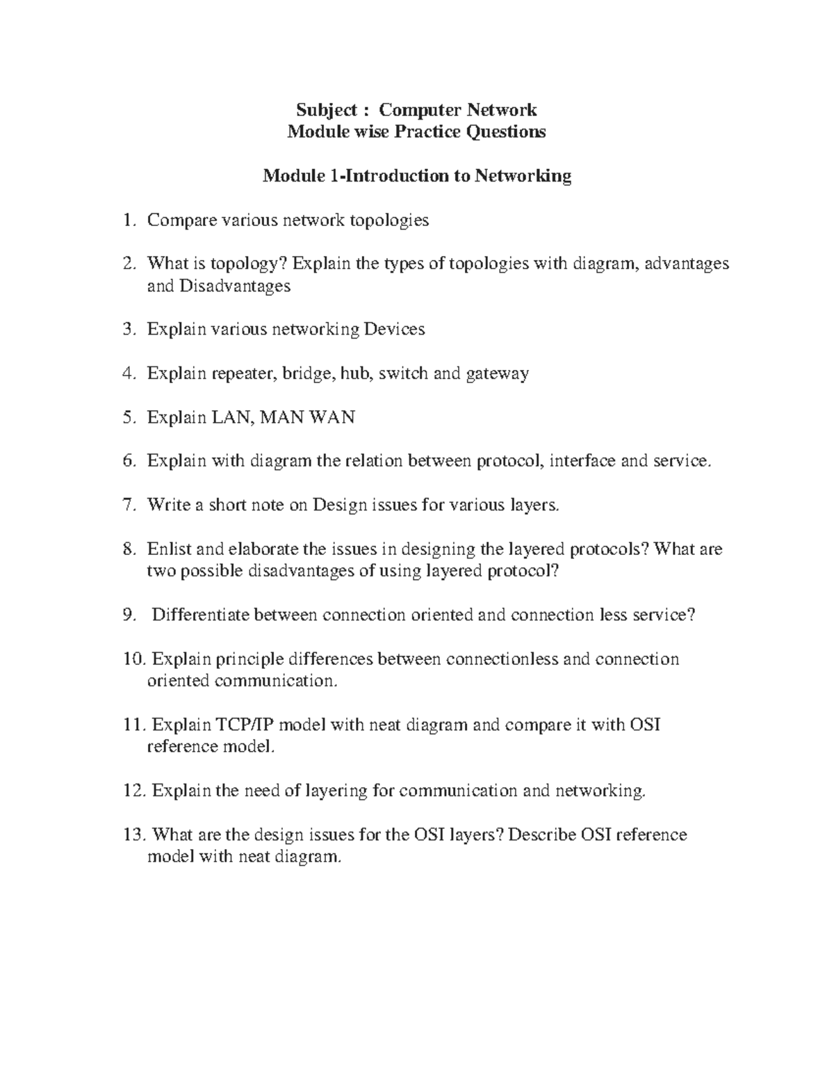 CN Module Wise Practice Questions on Networking Concepts - Studocu