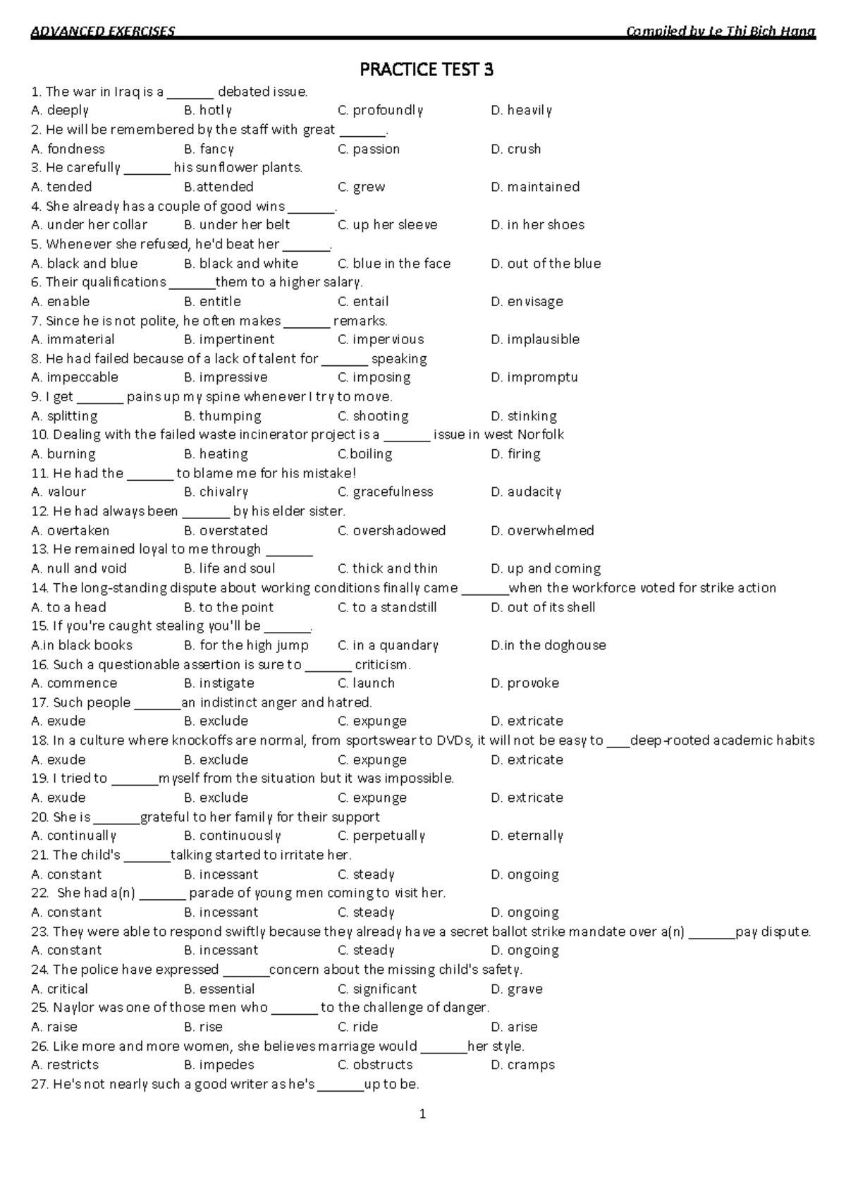 ADVANCED EXERCISES PRACTICE TEST 3 by Le Thi Bich Hang - Studocu